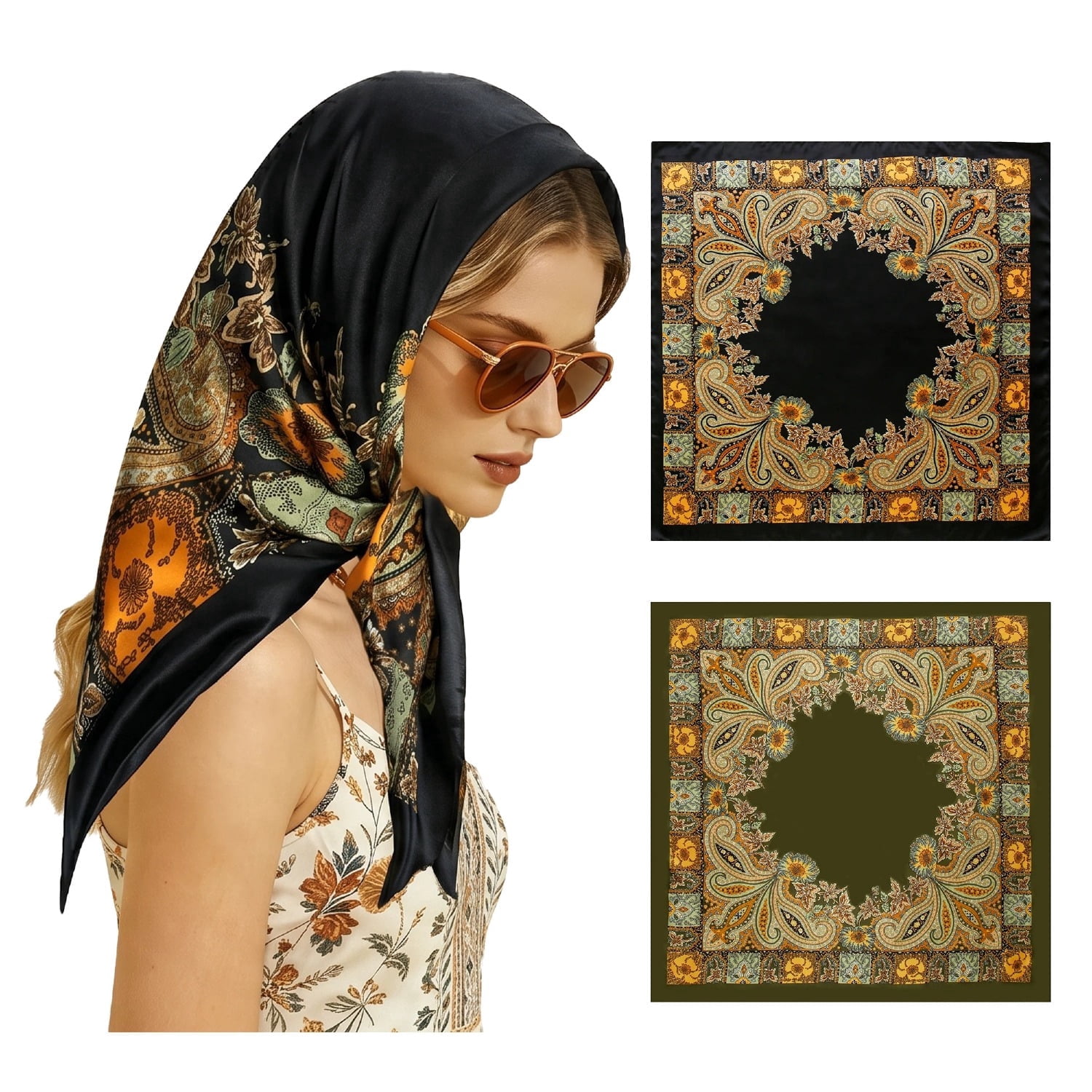 2 Pack Large Square Satin Head Scarf, 35.5 Inch Bandana, Black & Green ...