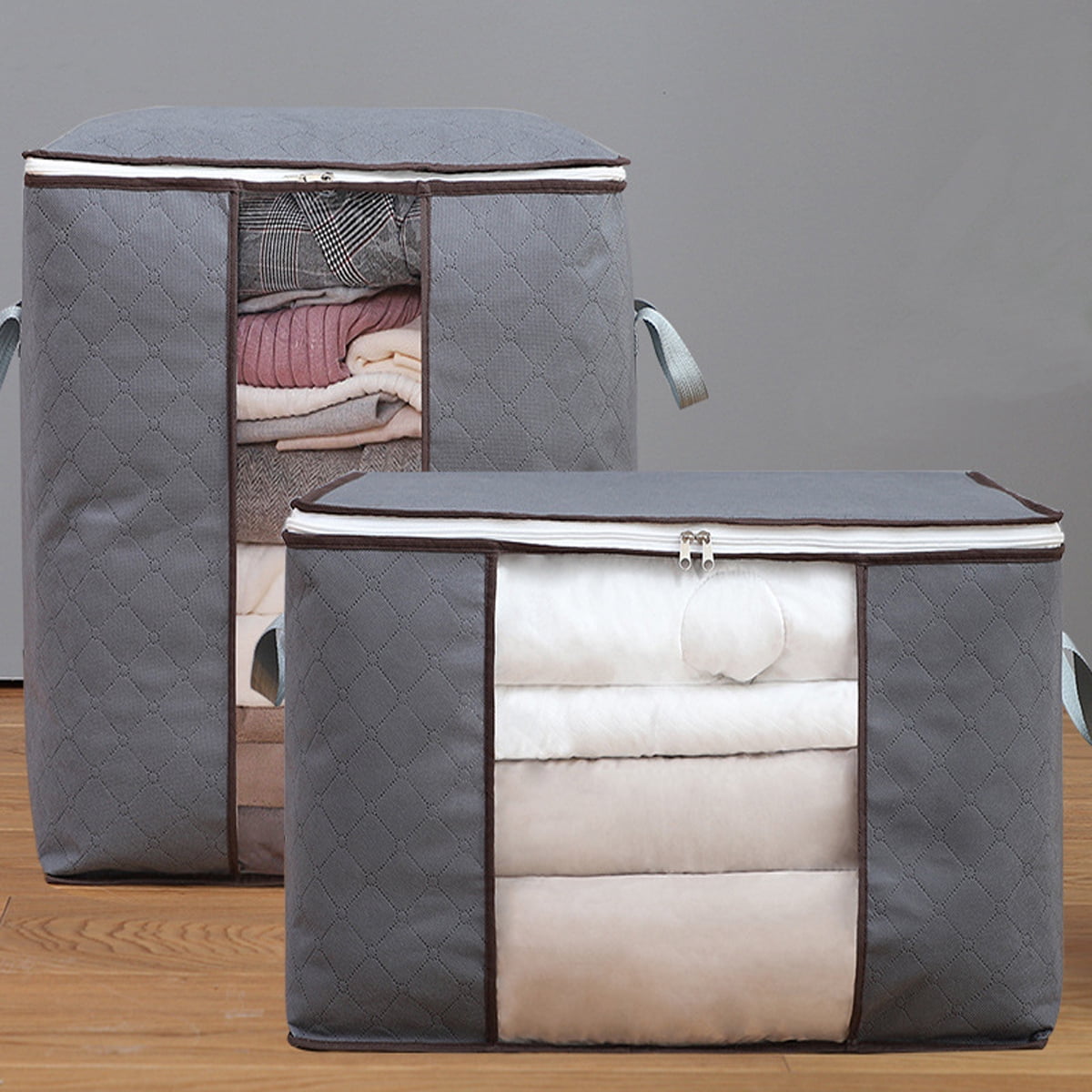 2 Pack Large Storage Bags, Foldable Zippered Blanket Clothes Organizer ...