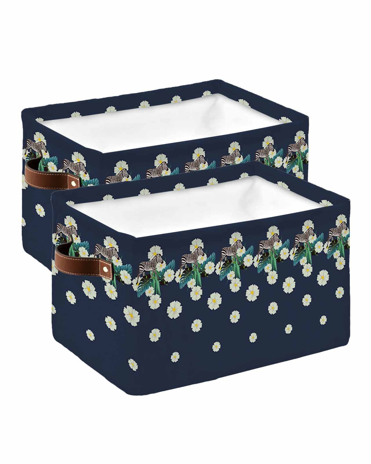 2 Pack Large Storage Baskets Bins Dark Blue Tropical Plants Collapsible ...