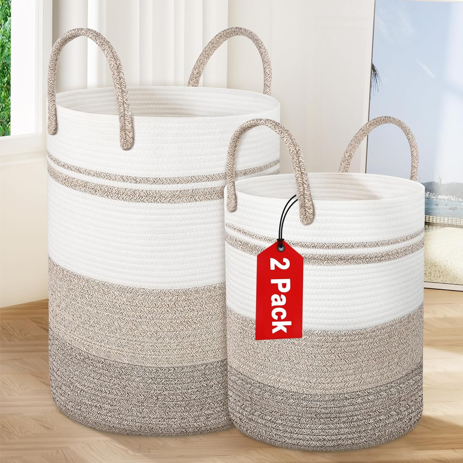 2 Pack Large Tall Rope Laundry Baskets, Cotton Laundry Hamper, Dirty ...