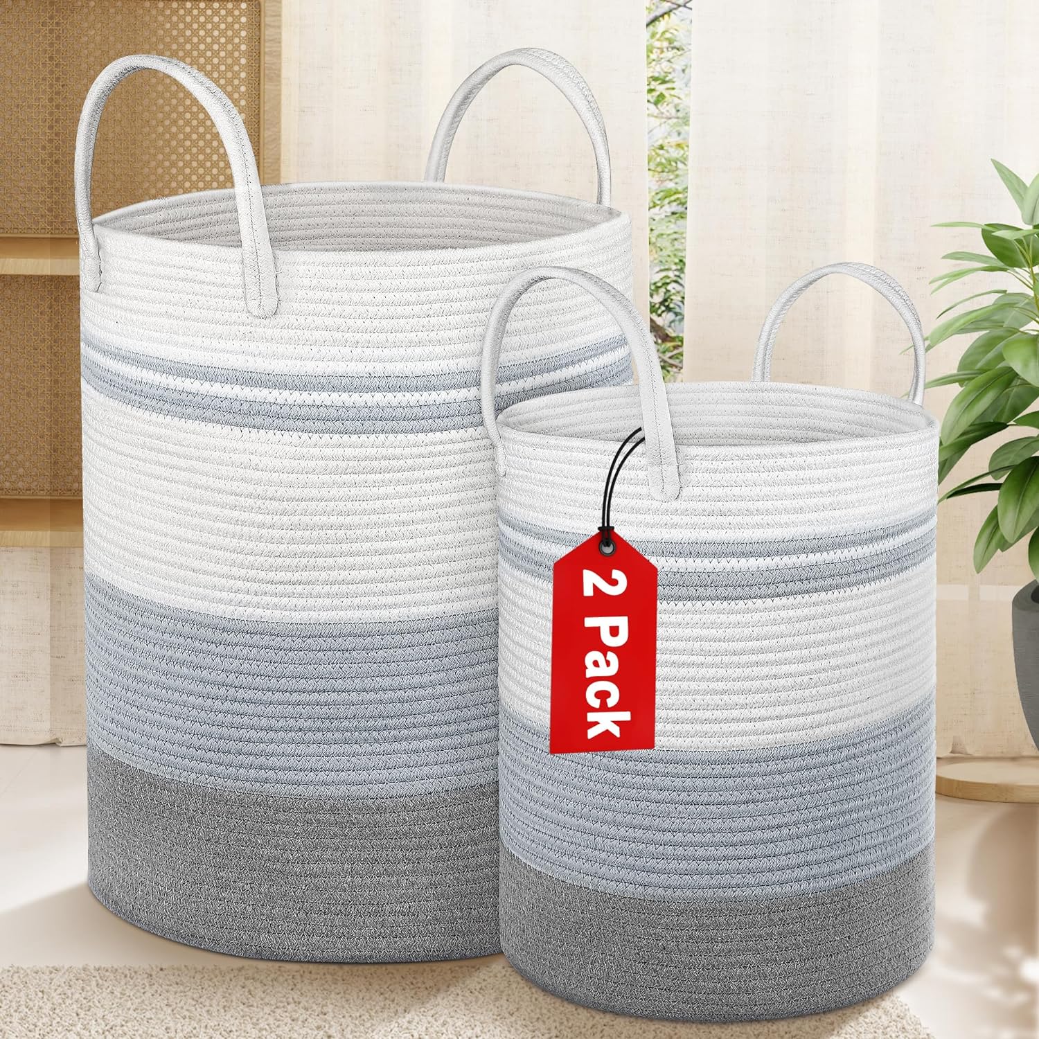 2 Pack Large Tall Rope Laundry Baskets, Cotton Laundry Hamper, Dirty ...
