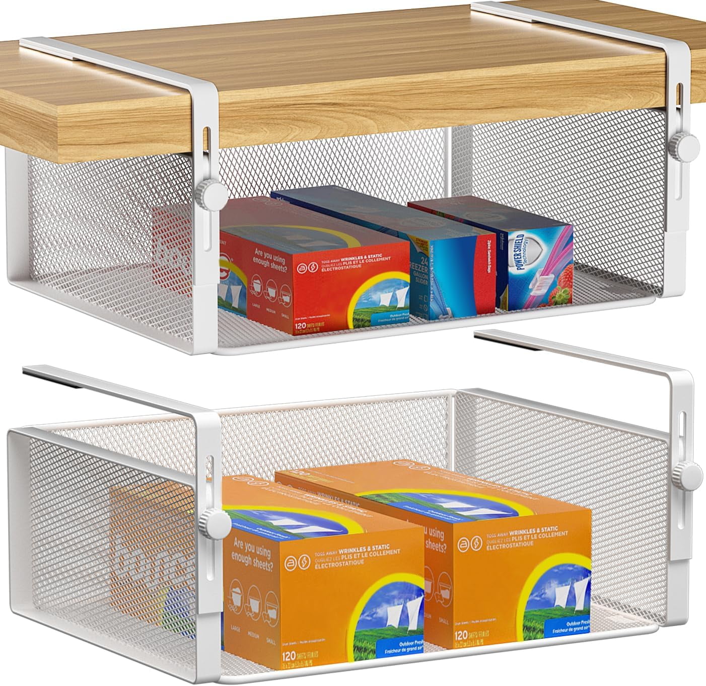 2-Pack Large White Iron Under-Shelf Basket Organizer with Expandable ...
