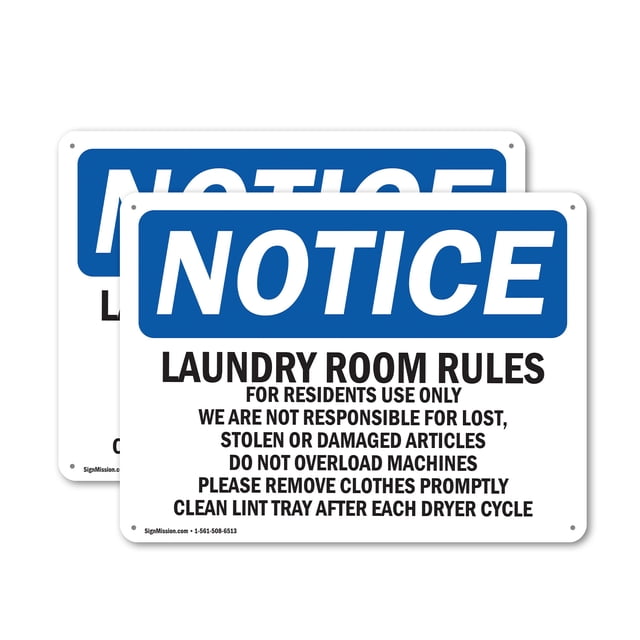 (2 Pack) Laundry Room Rules For Residents Use Only OSHA Notice Sign 24 ...