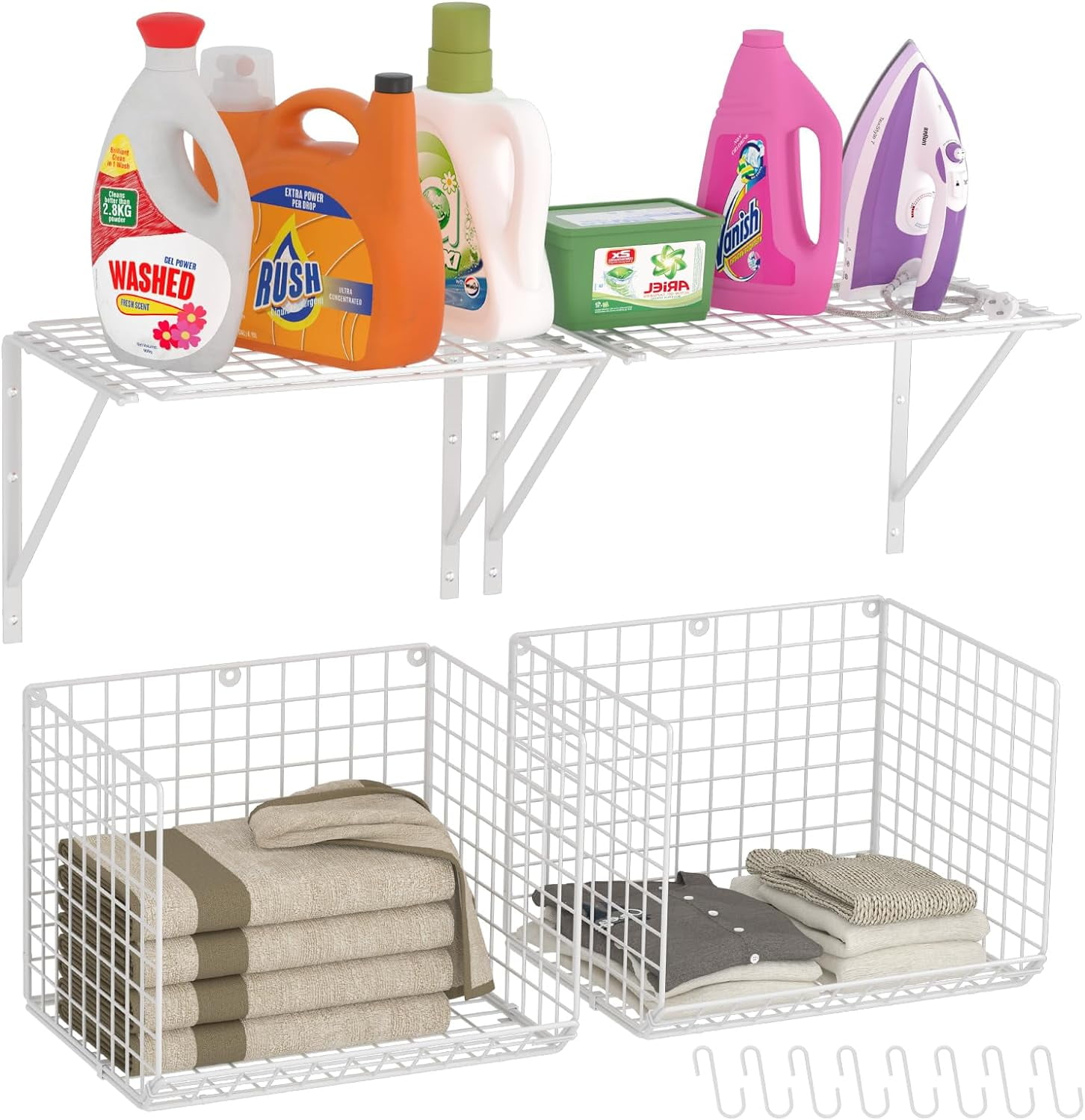 2 Pack Laundry Room Shelves Wall Mounted with Wire Baskets, Over the ...
