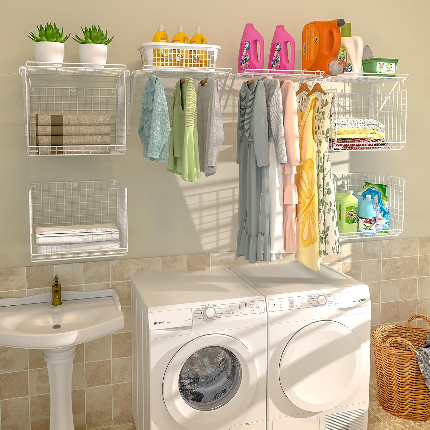 2 Pack Laundry Room Shelves Wall Mounted with Wire Baskets, Over the ...