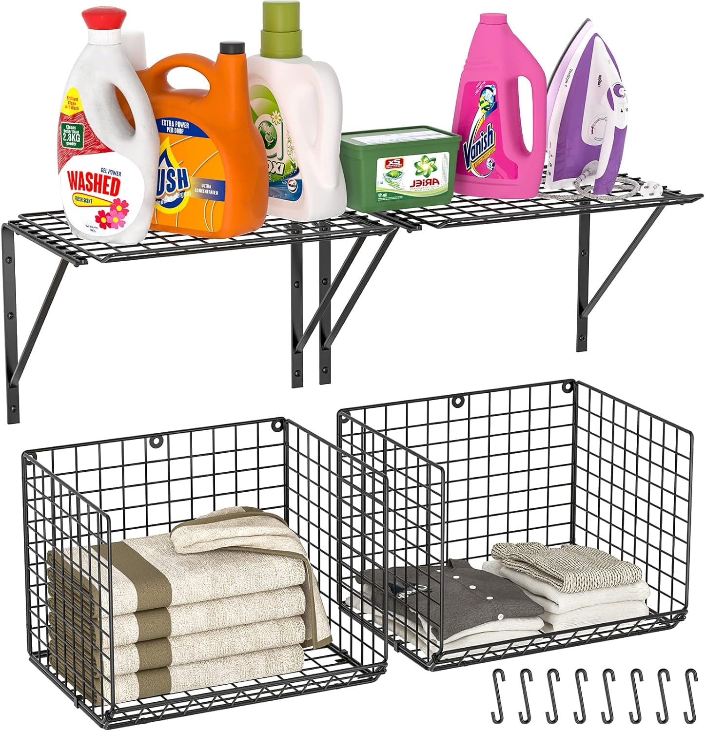 2 Pack Laundry Room Shelves, Wire Baskets with 8 Hooks, Over Washer and ...