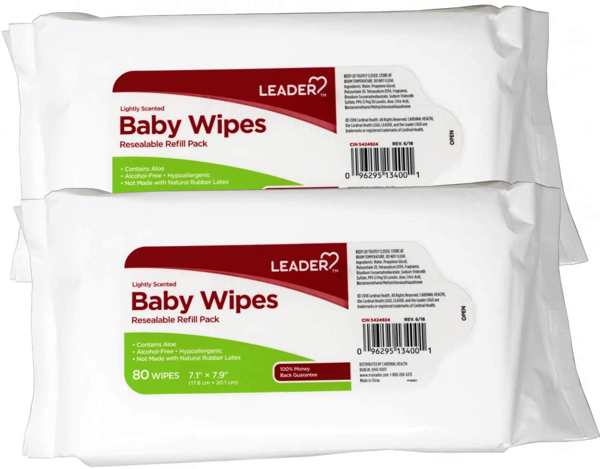 2 Pack - Leader Baby Wipes, Resealable Refill Pack, 7.1” x 7.9” (17.8 ...