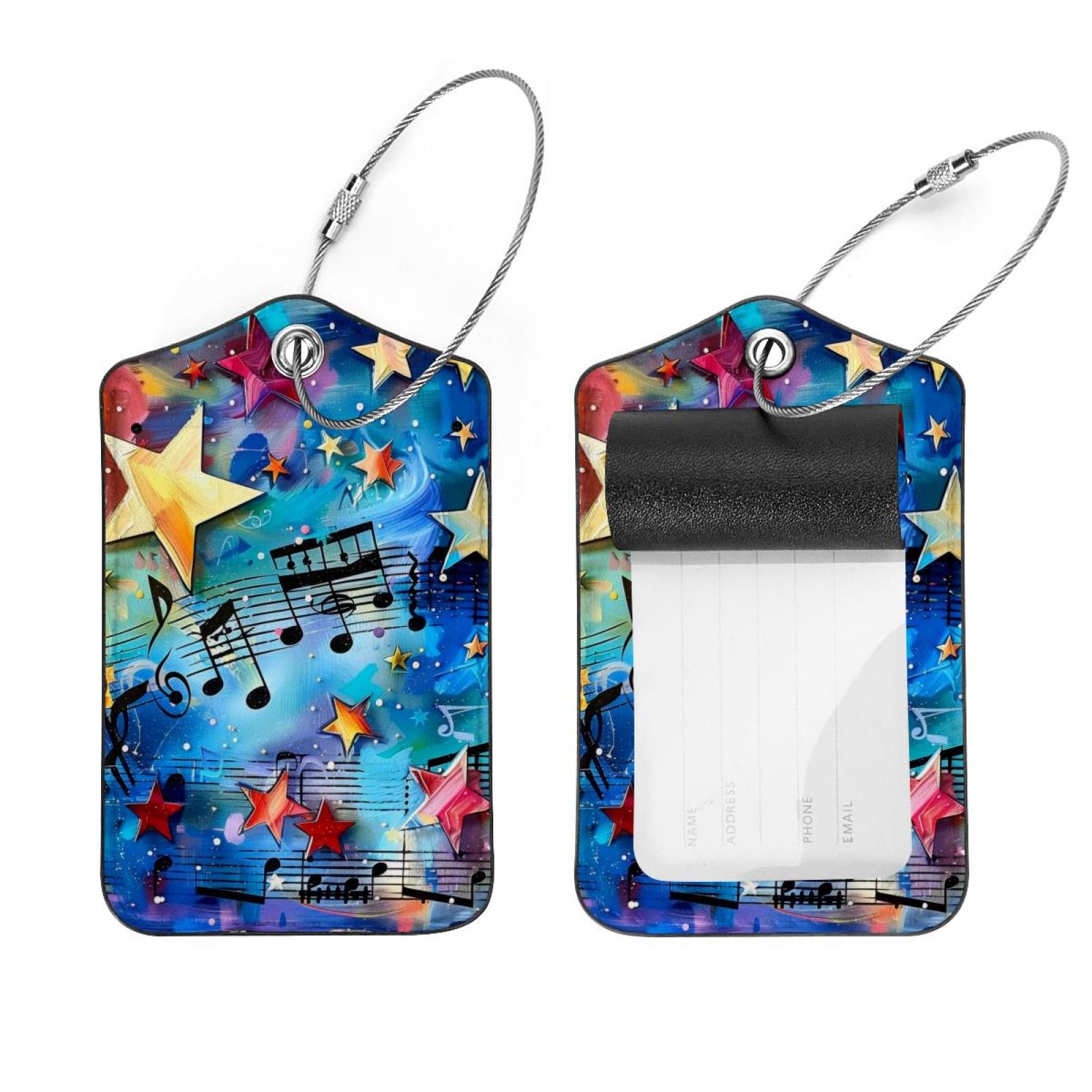 2 Pack Leather Luggage Tag with Stainless Steel Loop, Color Stars Music ...