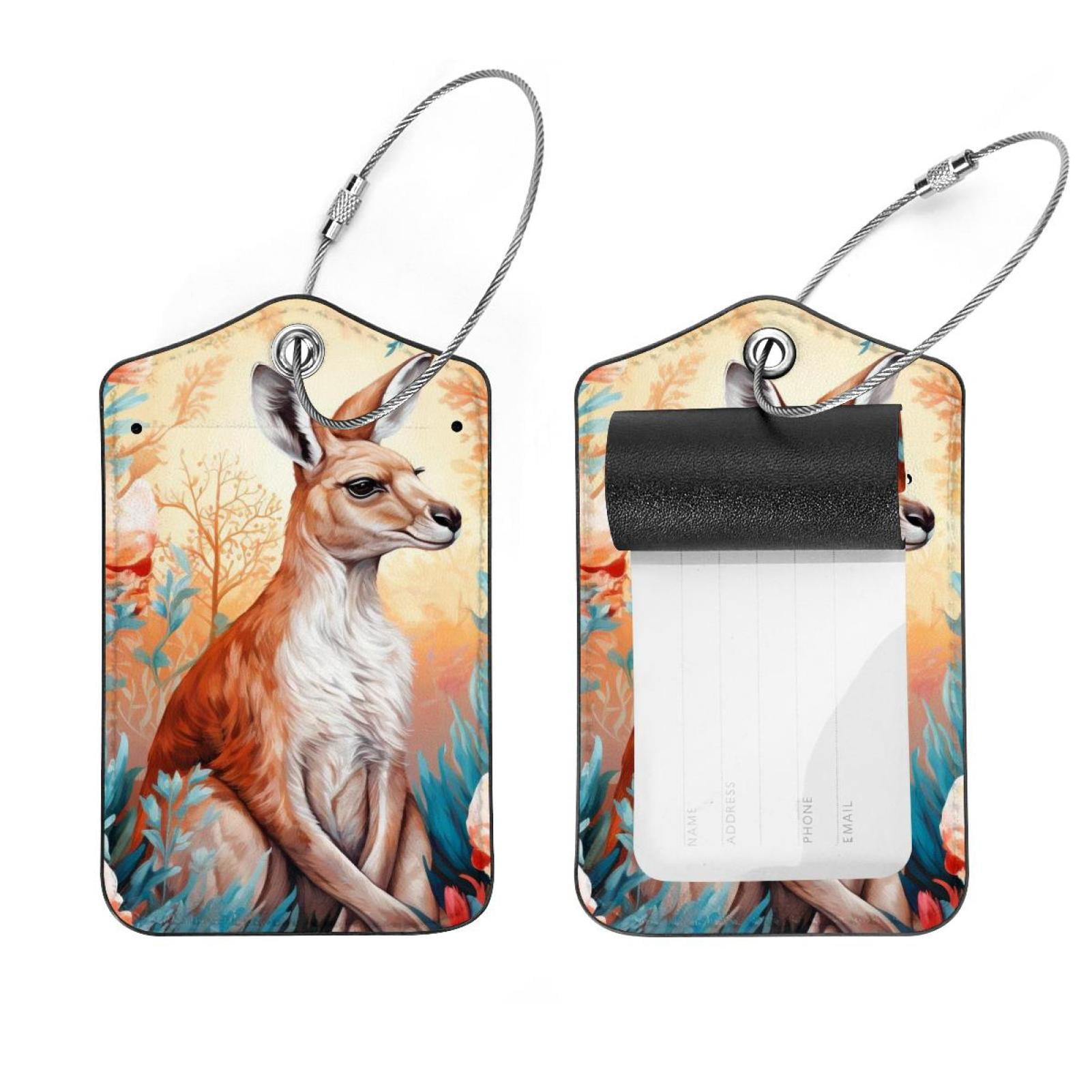 2 Pack Leather Luggage Tag with Stainless Steel Loop, Kangaroo Pattern ...
