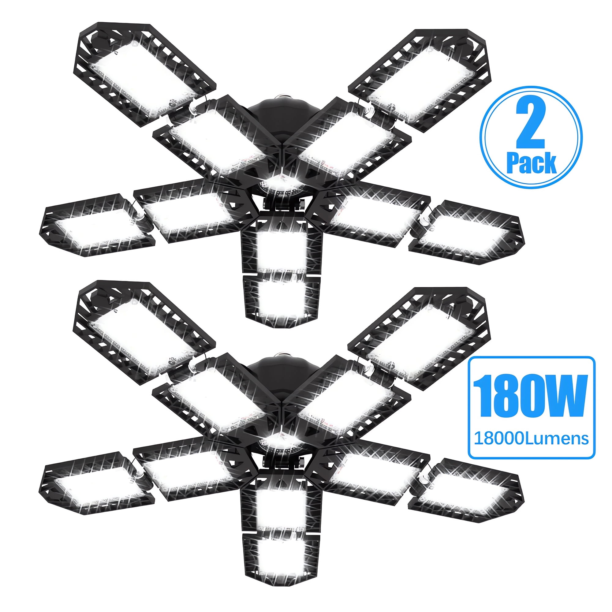 2-Pack 180W LED Garage Light, 18000LM, E26/E27, 6500K, 10+1 Adjustable ...