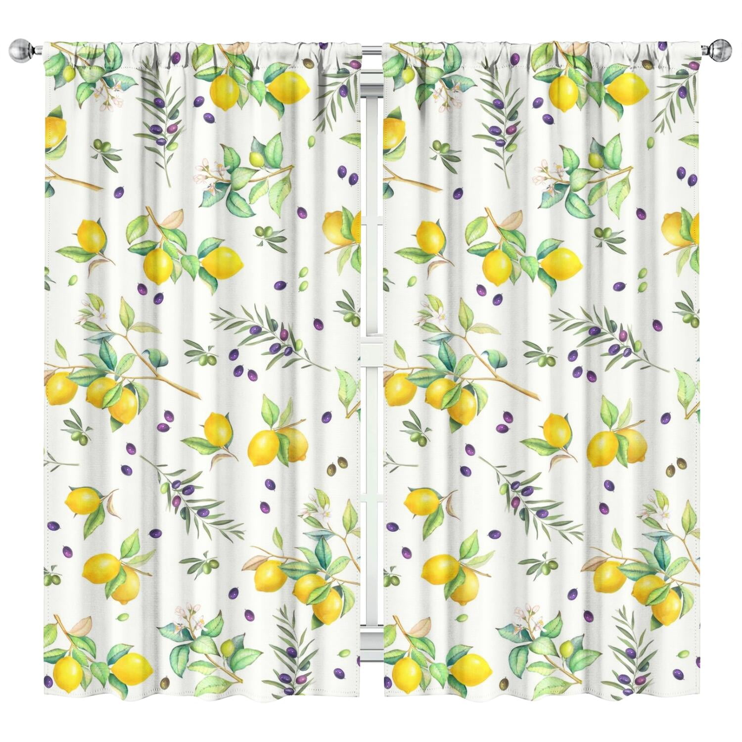 2 Pack Lemon Print Kitchen Curtains - Cute Fruit Floral Summer Design, Semi-Sheer Tier Curtains ...