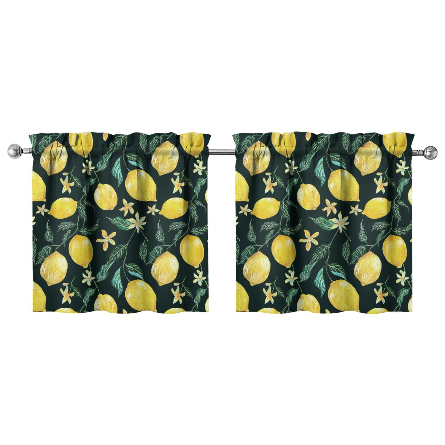 2 Pack Lemon Print Kitchen Curtains - Cute Yellow Fruit & Floral Tier Curtains for Small Windows ...