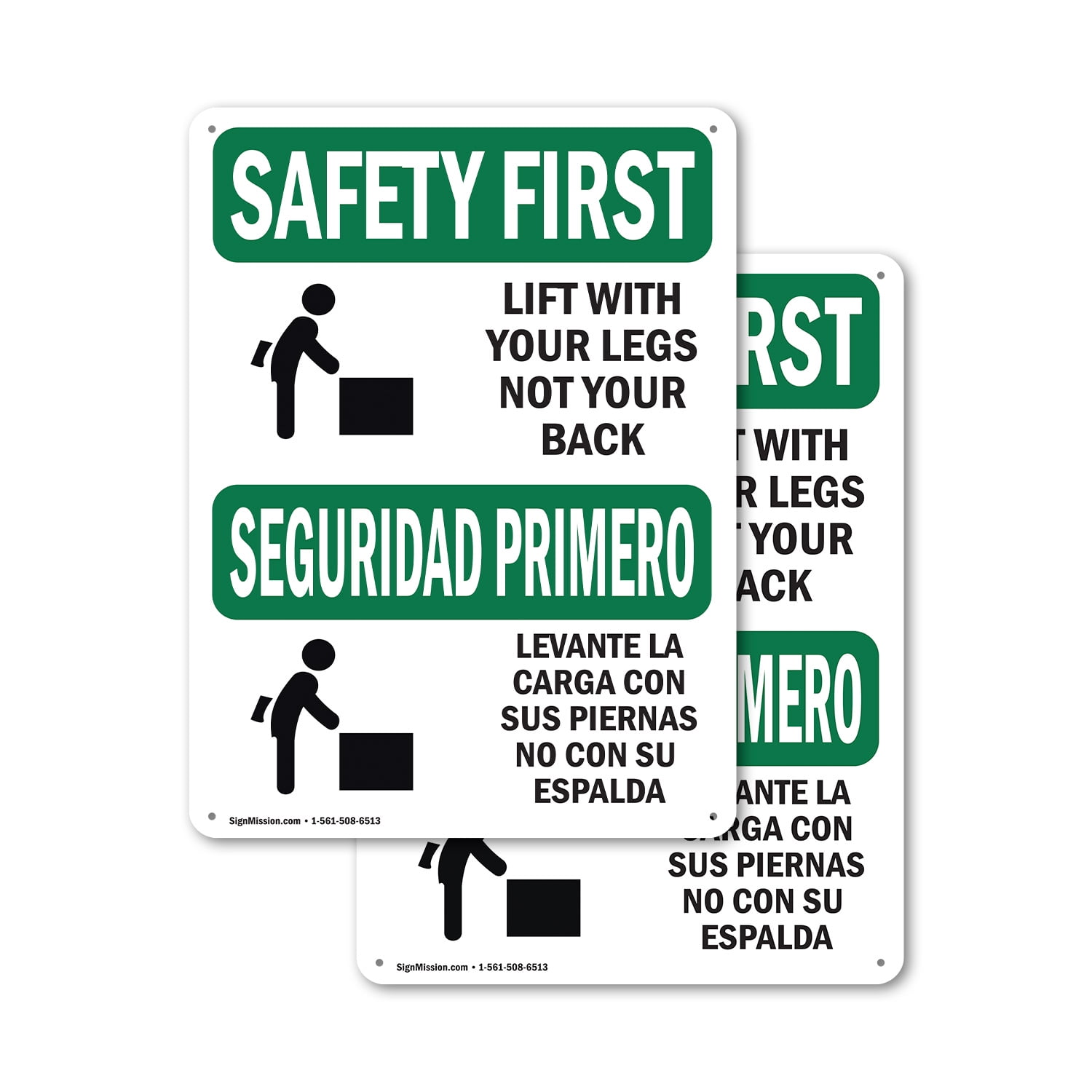 (2 Pack) Lift With Legs Not Your Back Bilingual OSHA Safety First Sign ...