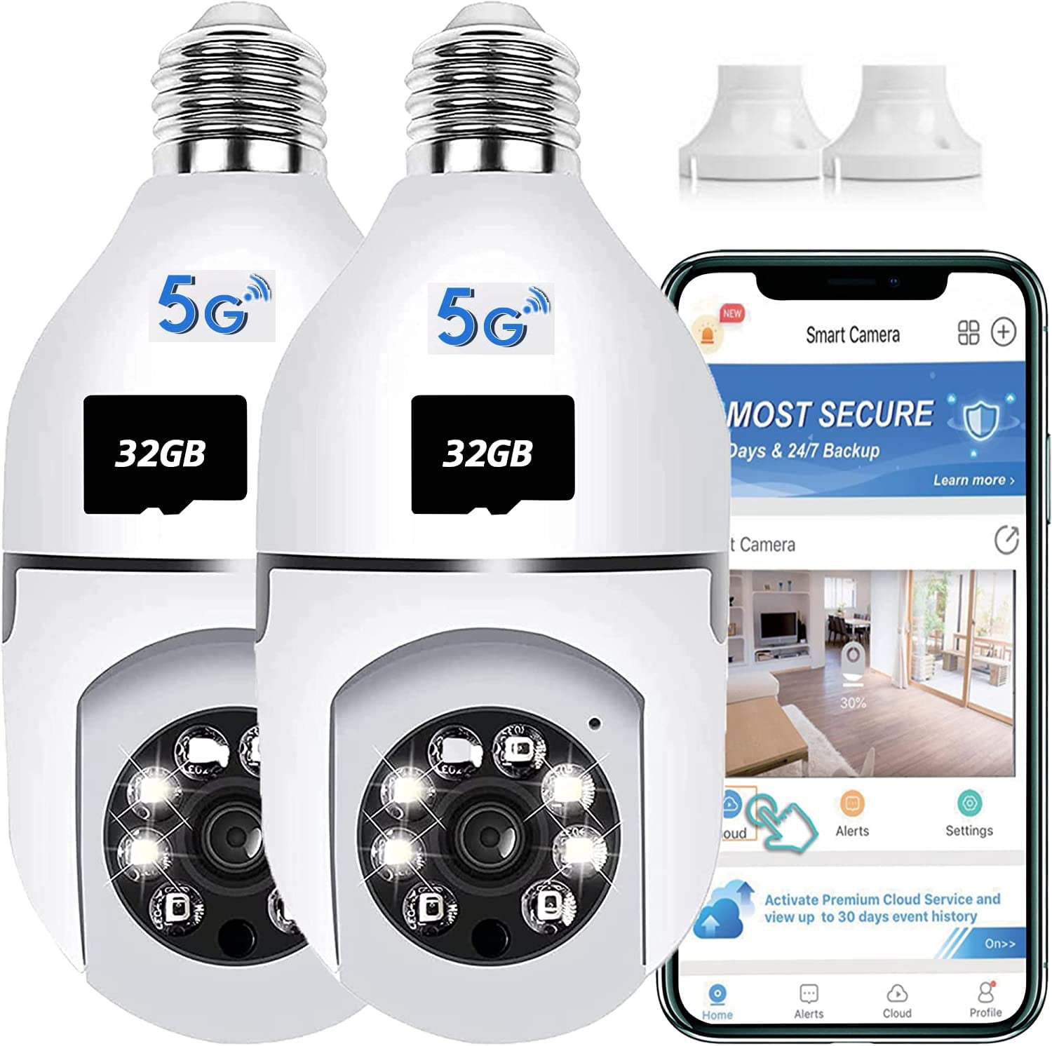 2 Pack WiFi Light Bulb Security Camera, 360° PTZ, Indoor/Outdoor, 32GB ...