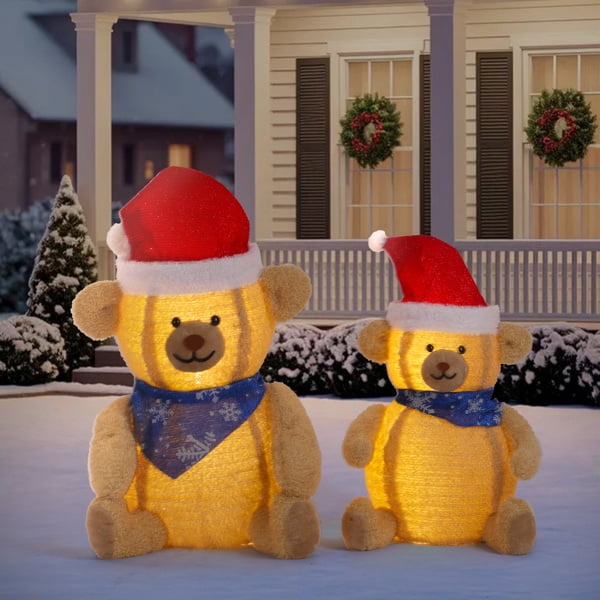 2-Pack Lighted Plush Bear Christmas Decorations, 60 Warm White LEDs ...