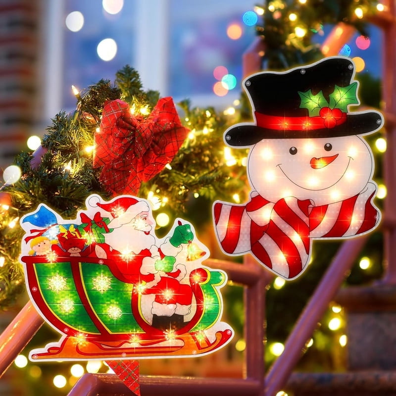2 Pack Lighted Santa Clause Sleigh and Snowman Christmas Window ...