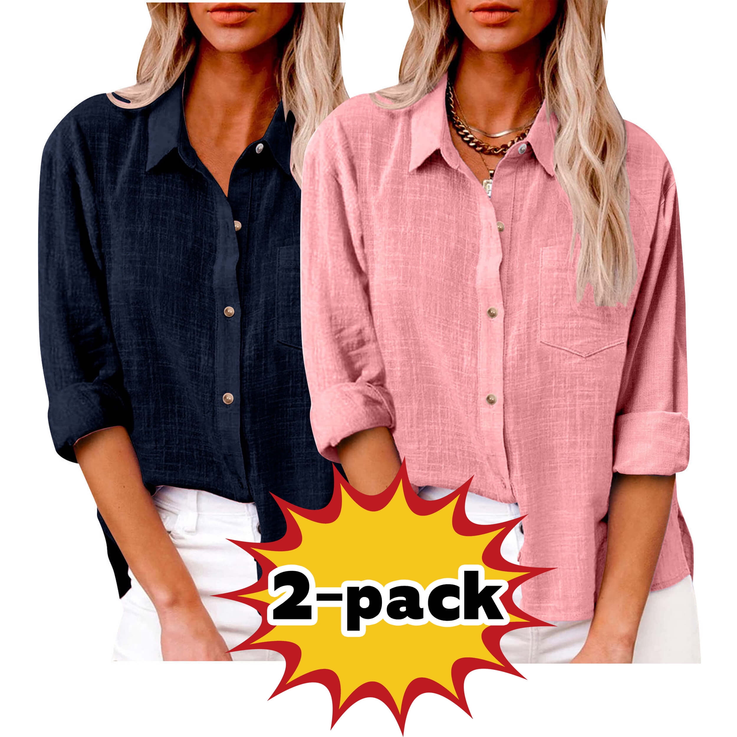 2 Pack Linen Shirts Women Long Sleeve Button Down Collar Blouses for ...