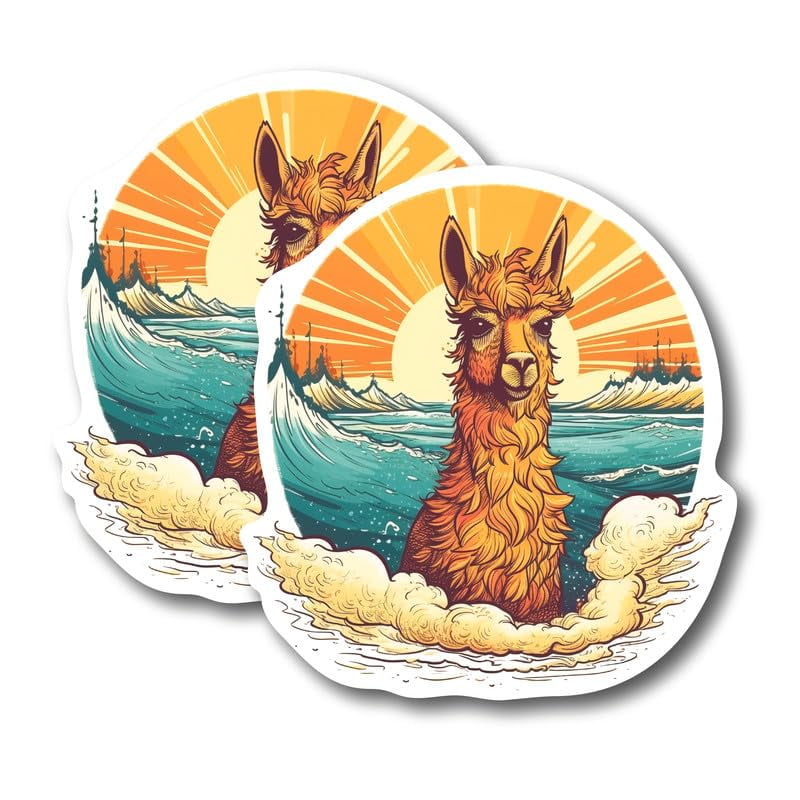 (2 Pack) Llama Ocean Sunset Stickers - Cool Retro Llama Stickers - 5 ...