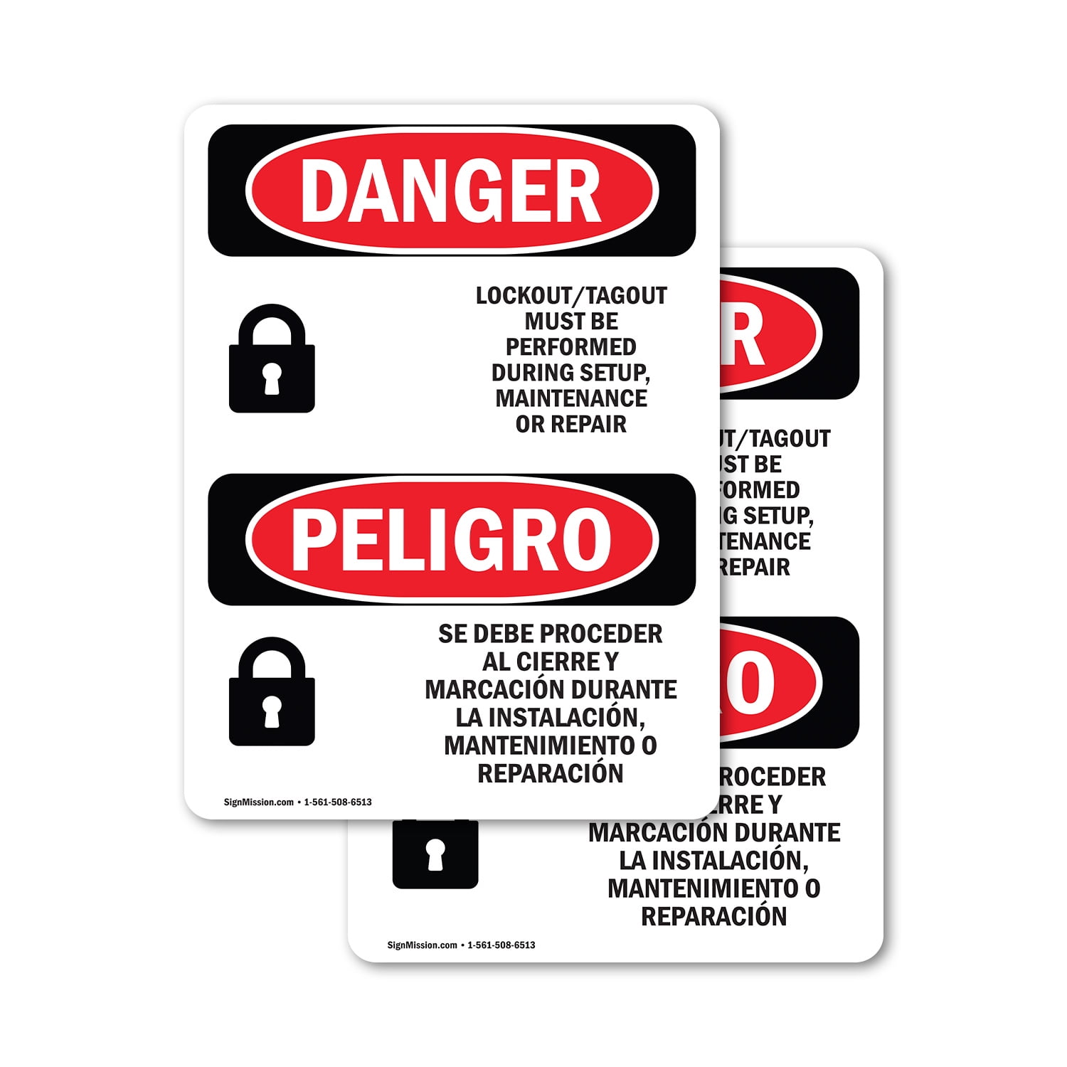 (2 Pack) Lockout Tagout Setup Maintenance Bilingual OSHA Danger Sign 10 ...