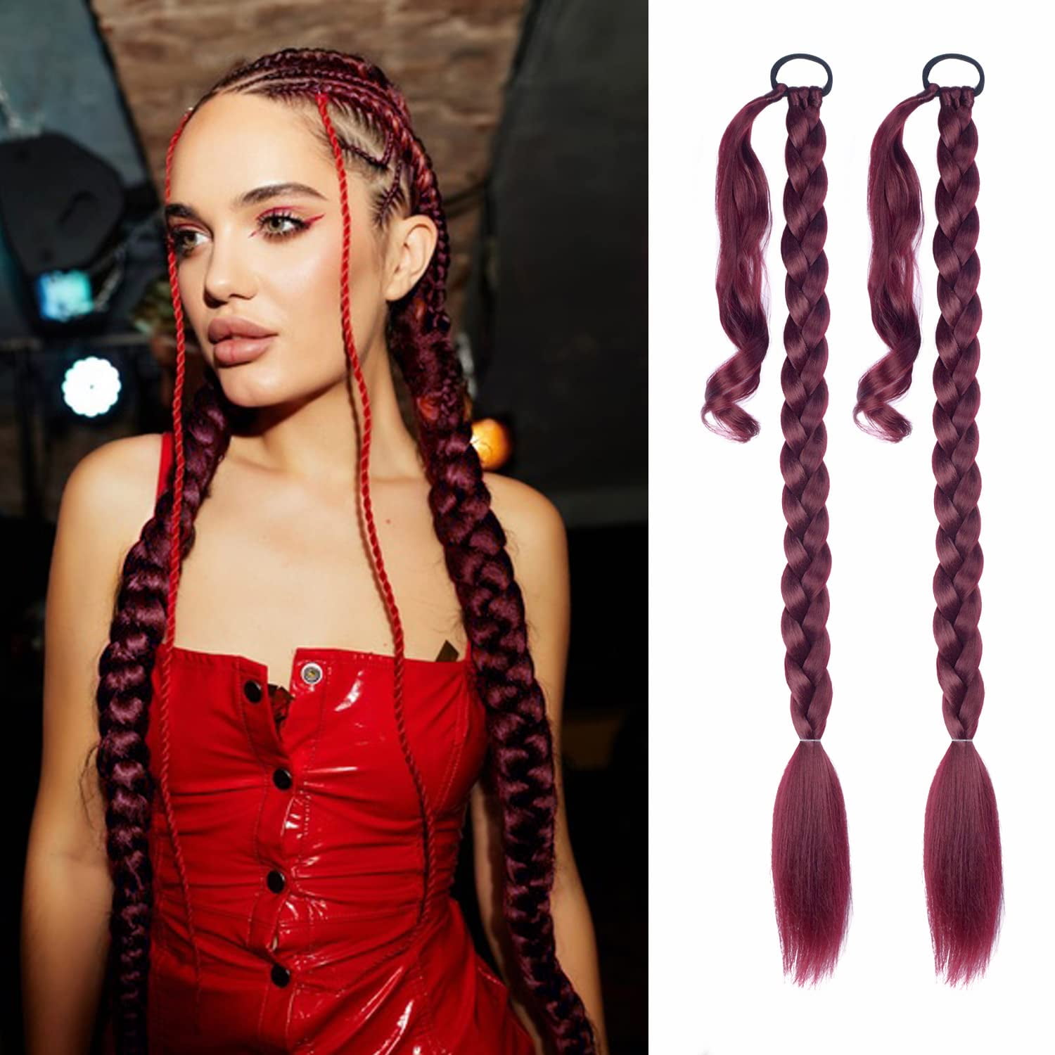2 Pack Long DIY Braided Ponytail Extension with Hair Tie Straight Wrap ...