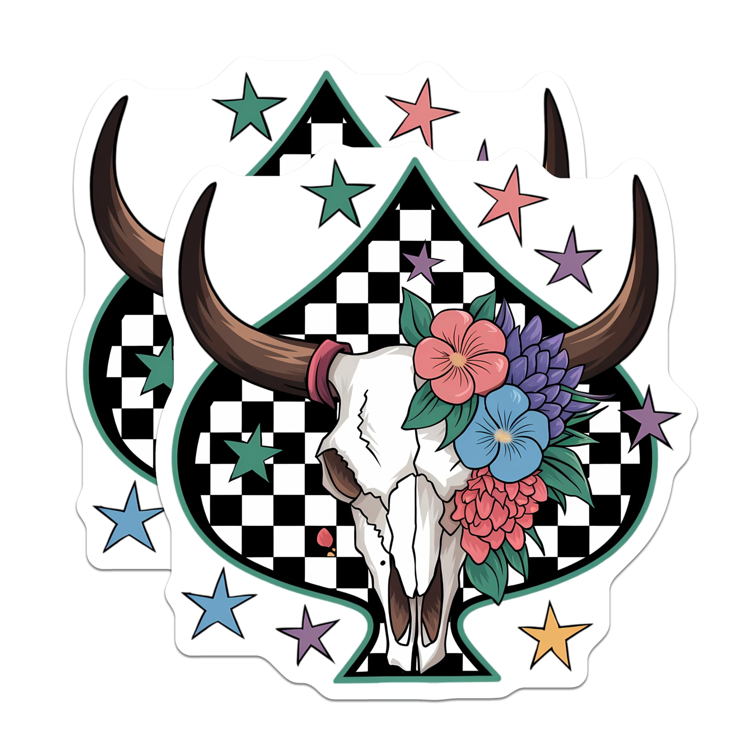 (2 Pack) Longhorn Skull Stickers - Floral Bull Head - Checkerboard ...