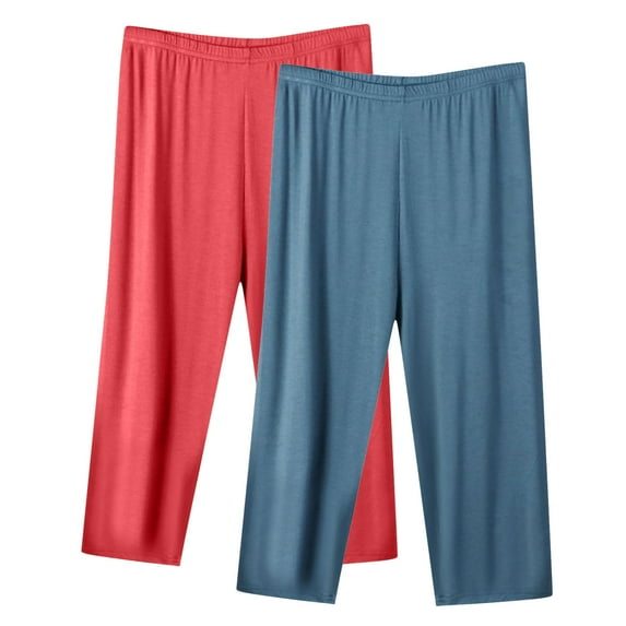 2 Pack Loose Capris for Women Elastic Waist Wide Leg Lightweight Pants ...