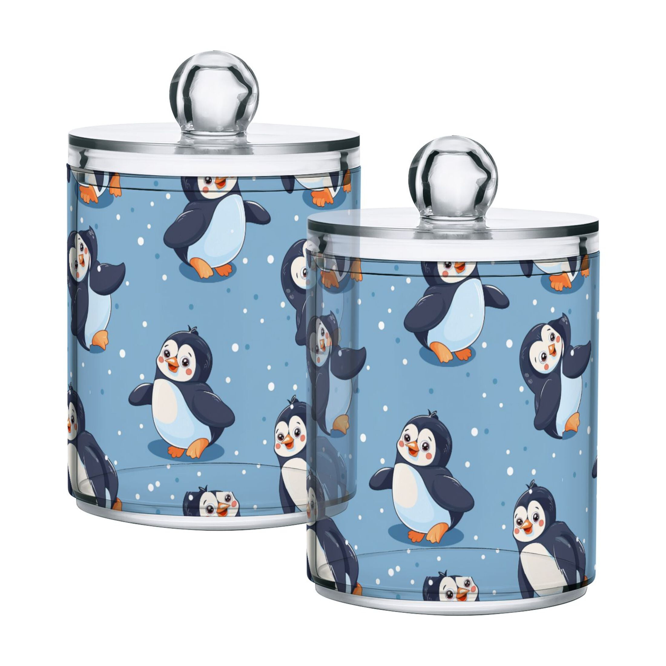 2 Pack Lovely Penguins Qtip Holder Dispenser Clear Plastic Storage ...