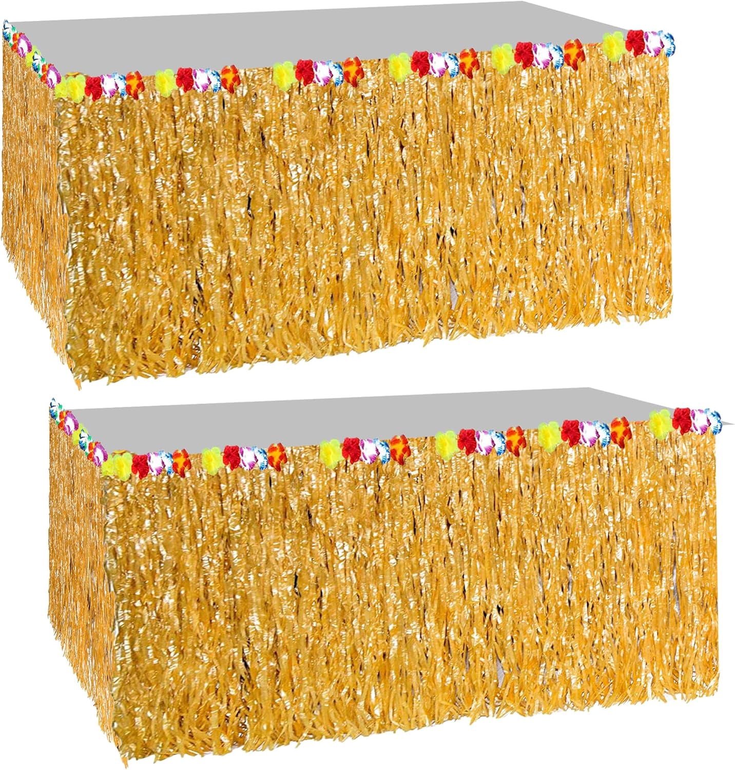 2 Pack Luau Grass Table Skirt 9 Ft with Hibiscus, Reusable - for Jungle ...