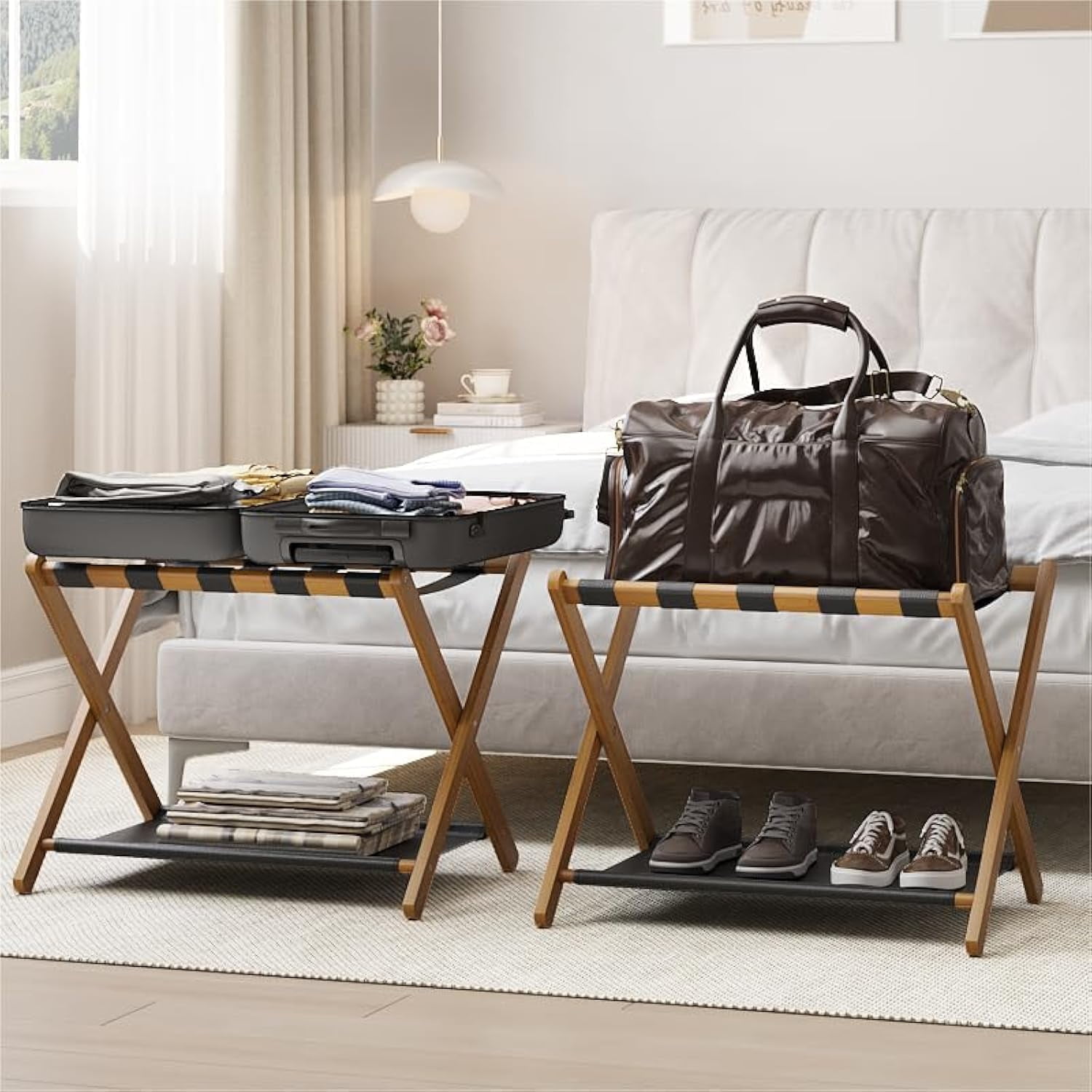 2 Pack Luggage Rack, Folding Luggage Rack for Guest Room, Walnut Bamboo ...
