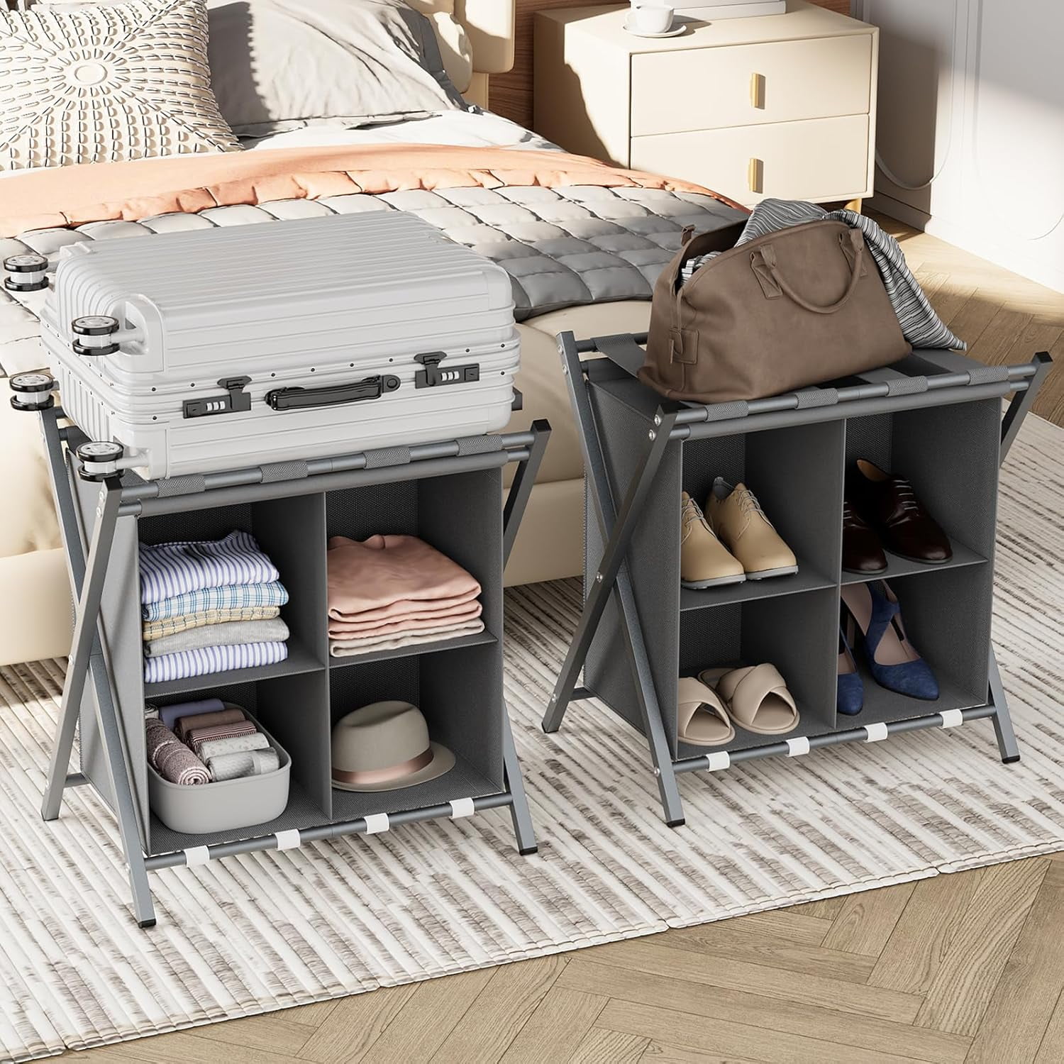 2 Pack Luggage Rack with storage, Guest Room Folding Suitcase Stands ...