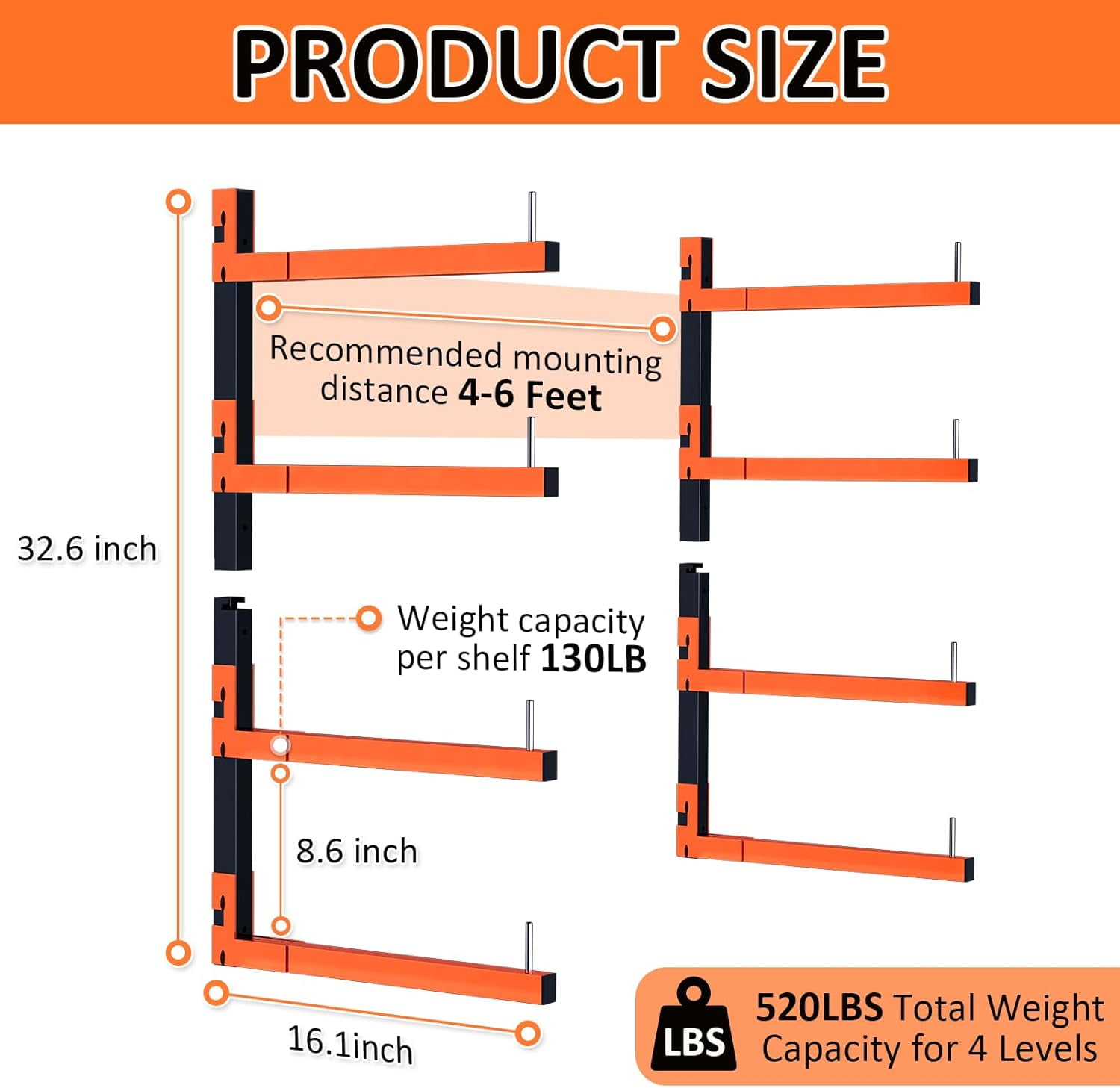 2 Pack Lumber Storage Rack, Wall Mount Removable Lumber Rack with 4 ...