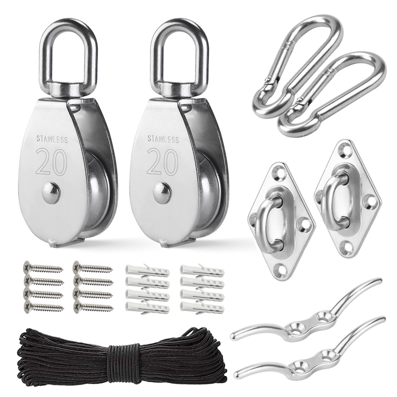 2 Pack M20 Stainless Steel Pulley System Kit-Heavy-Duty Pulley Wheel ...