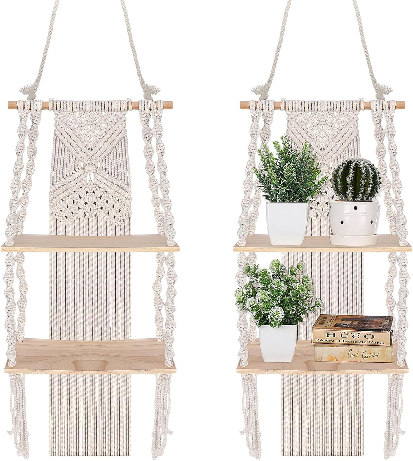 2 Pack Macrame Wall Hanging Shelf 2 Tier Handmade Boho Hanging Wall ...