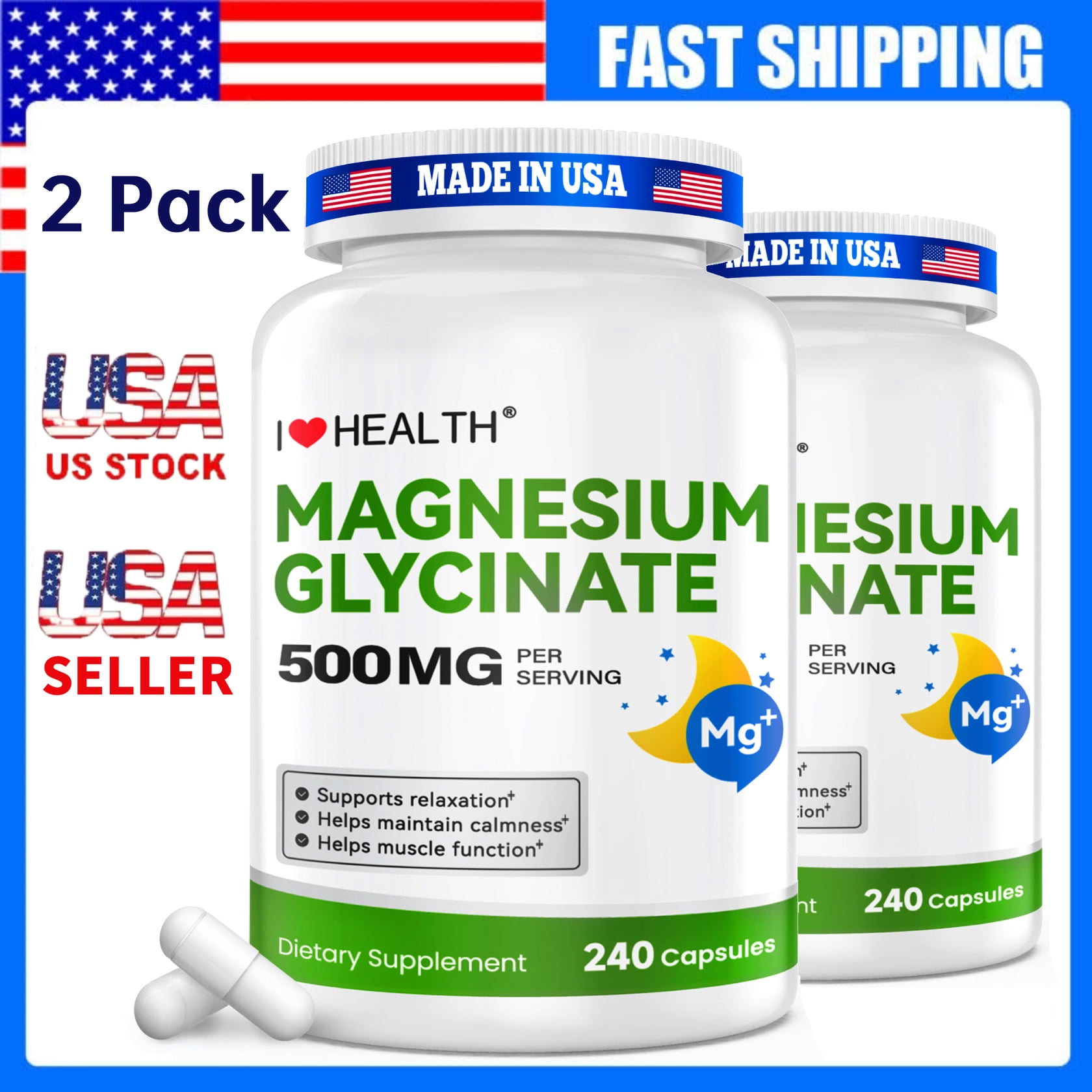 2 Pack Magnesium Glycinate 500mg, 480 Veggie Capsules | 100% Chelated ...