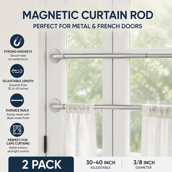 2 Pack Magnetic Curtain Rod for Metal Doors, Adjustable 30-40 Inch, 3/8 ...