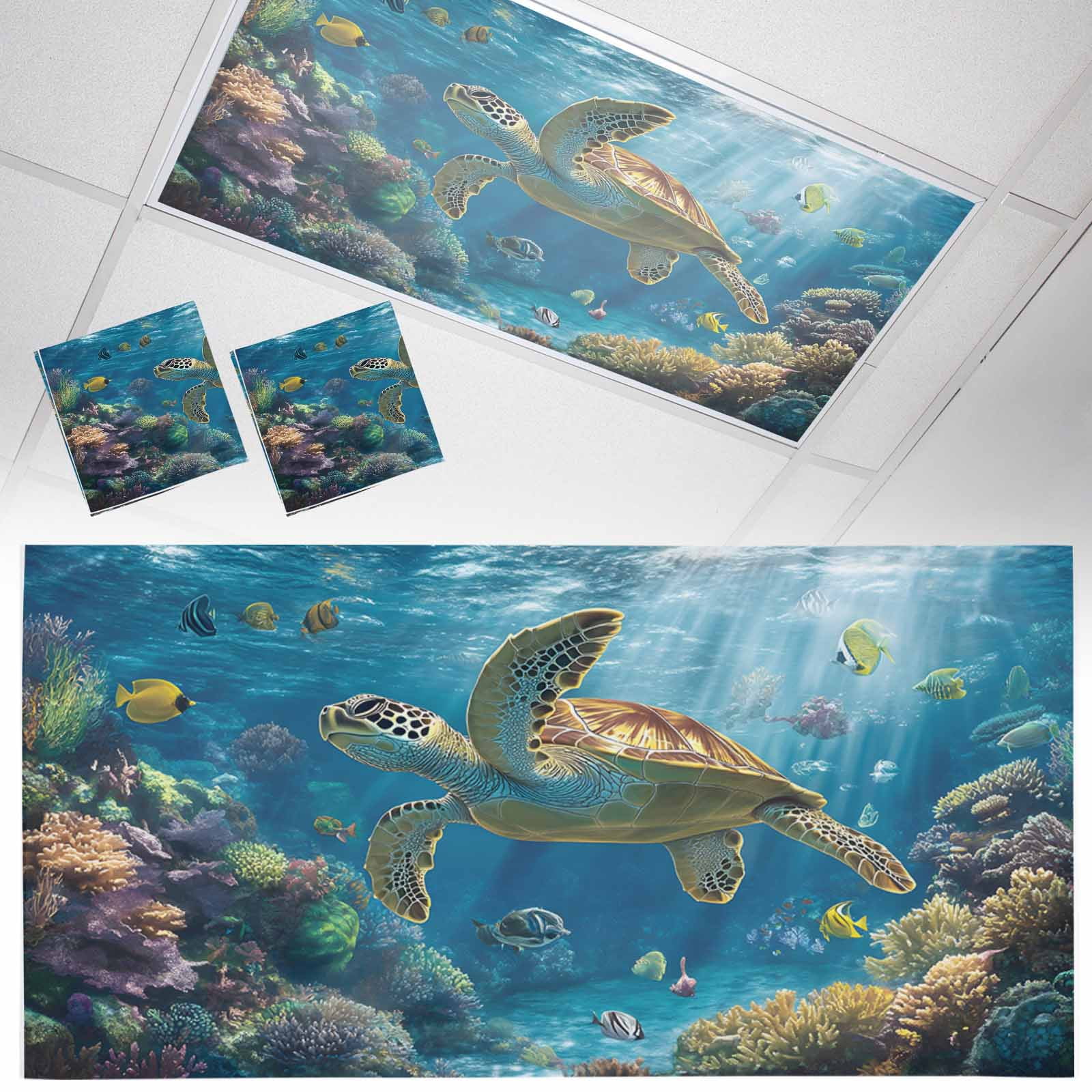 2 Pack Magnetic Fluorescent Light Covers, 2x4 Ft,Ocean Tropical Animal Abstract Turtle Fish ...