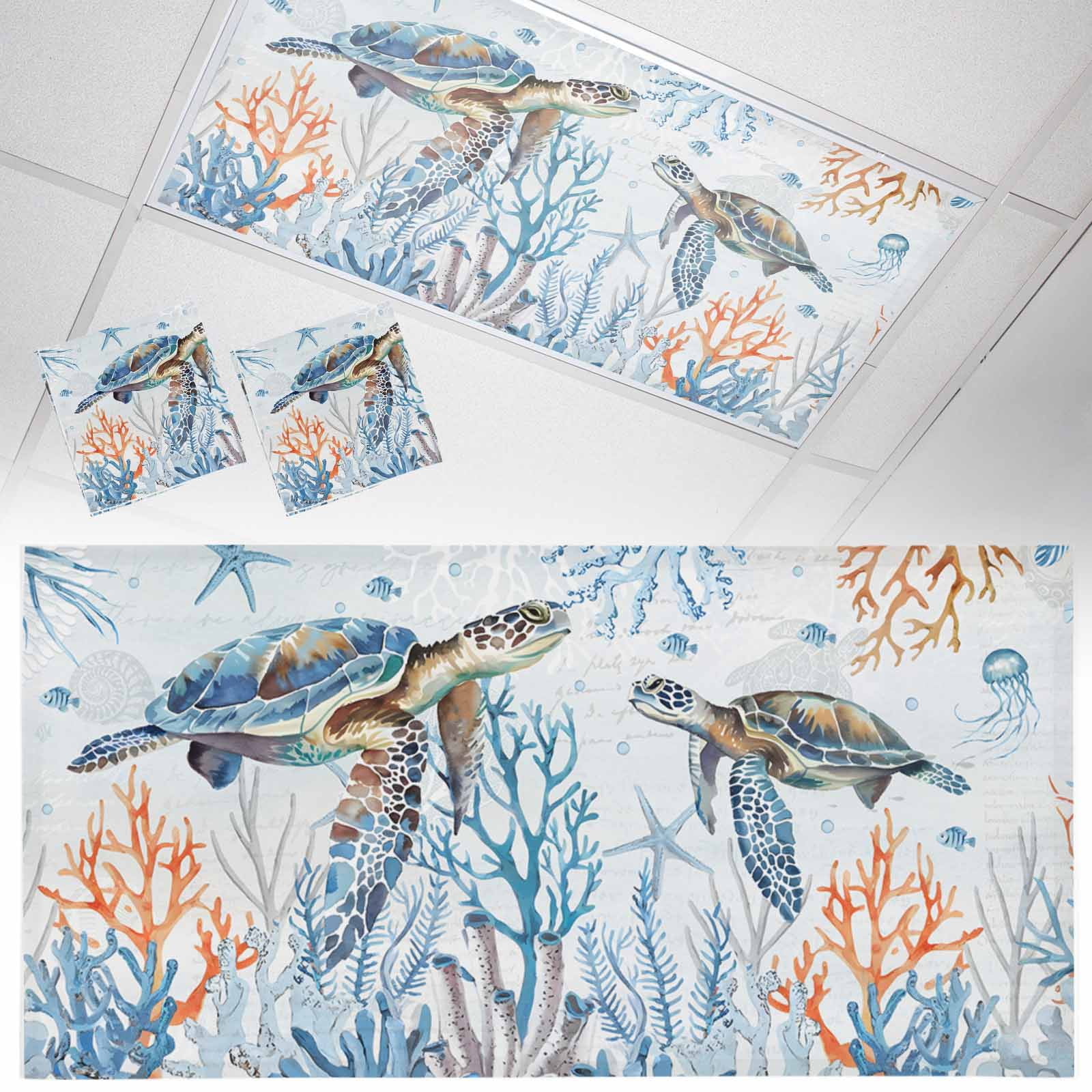 2 Pack Magnetic Fluorescent Light Covers, 2x4 Ft,Sea Turtle Seagrass Coral Starfish Jellyfish ...