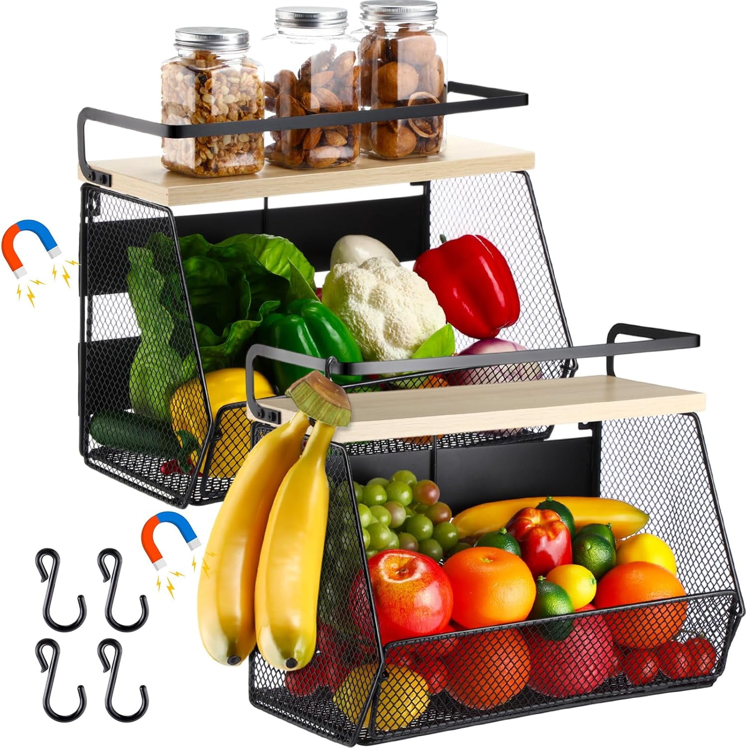 2 Pack Magnetic Shelf for Refrigerator with Wood Lid, Metal Mesh Heavy ...