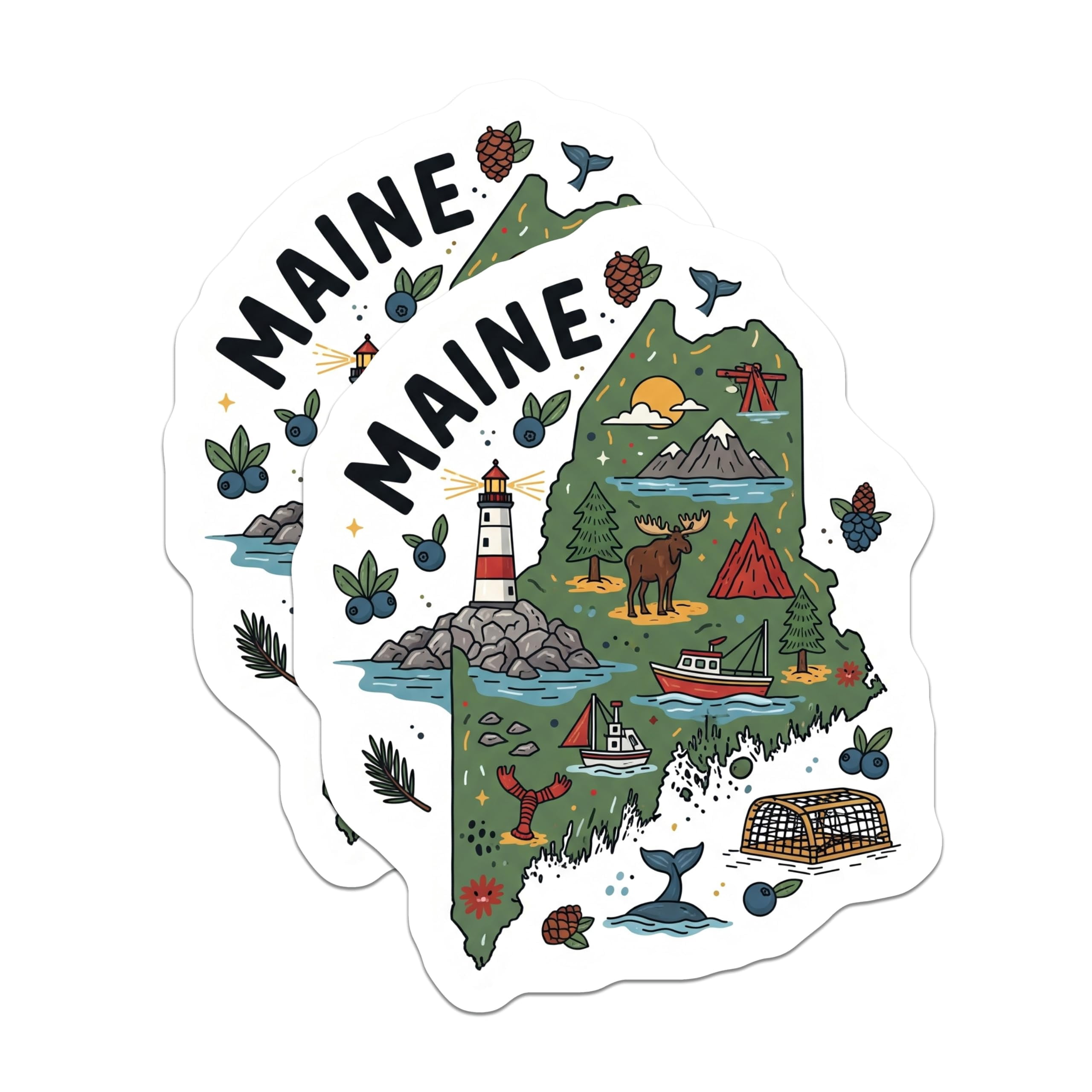 (2 Pack) Maine State Stickers - Illustrated Map - Vacation Souvenir - 5 ...