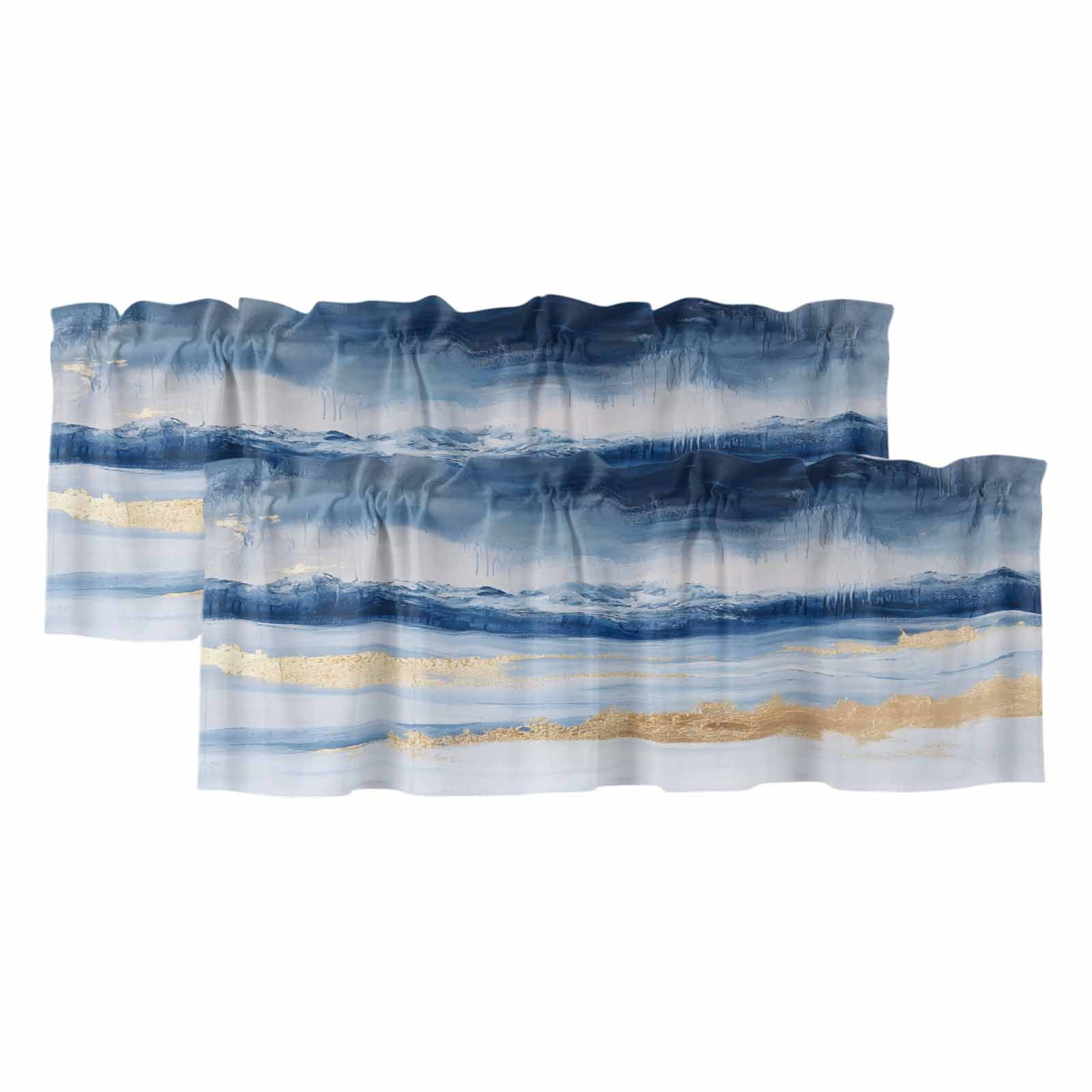 2 Pack Marble Texture Valance for Window Abstract Gradient Ocean Blue Gold Waves Kitchen Valance ...