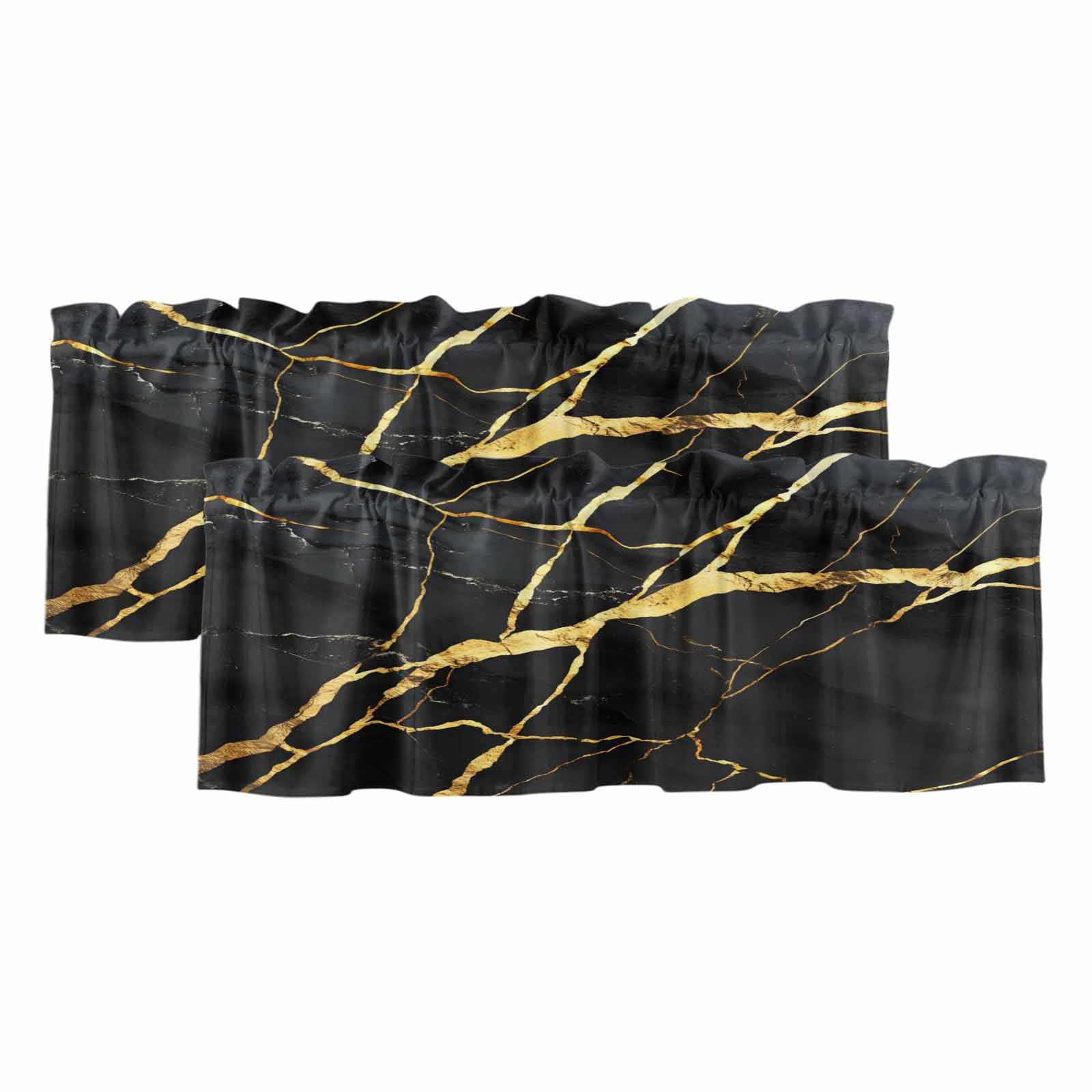 2 Pack Marble Texture Valance for Window Modern Black Golden Ripple ...