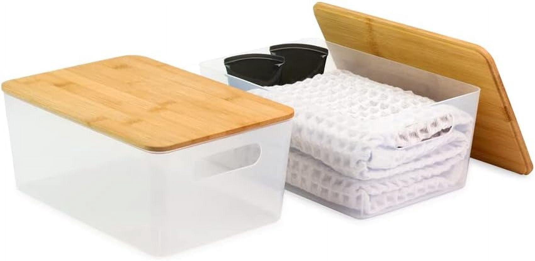 2-Pack Medium White Storage Bin Set w/Cut-Out Handles and Bamboo Lid ...