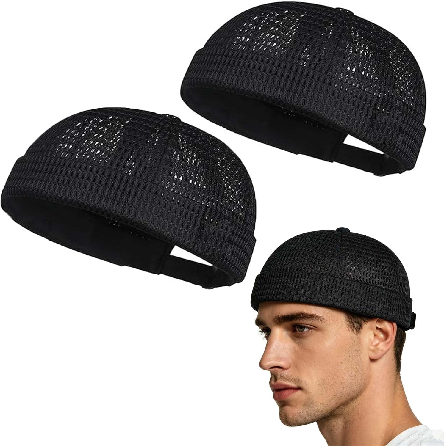 2 Pack Men's Breathable Brimless Hat Summer Mesh Cooling Skull hat ...