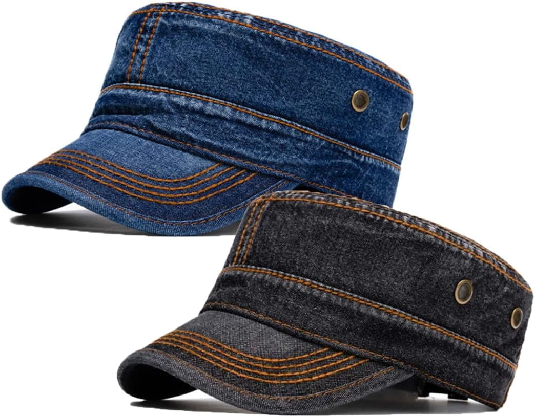 2 Pack Men's Cotton Military Caps Cadet Army Caps Vintage Flat Top Cap ...
