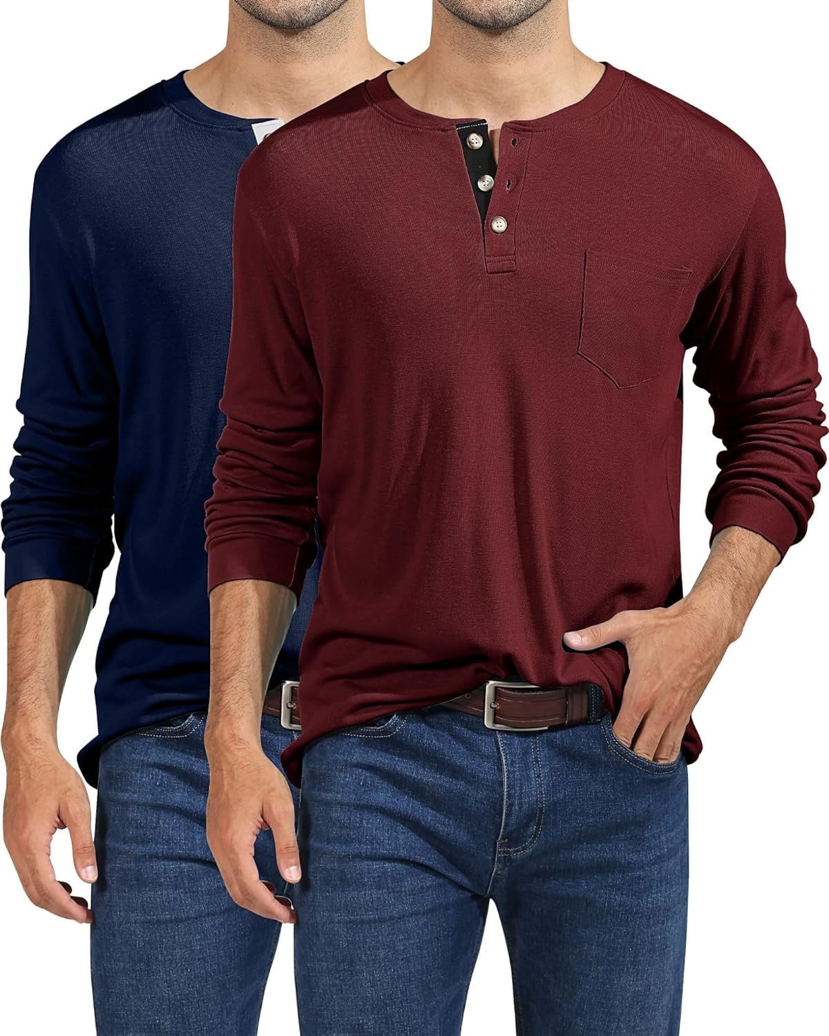 2 Pack Men's Henley Shirts, Long Sleeve Henley T-Shirts with Pockets Casual Front Placket Basic ...