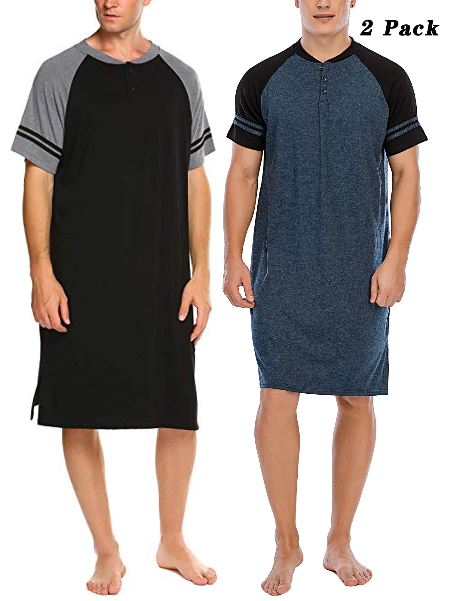 2 Pack Men's Nightshirt Short Sleeve Nightgown Night Sleep Shirt Comfy ...