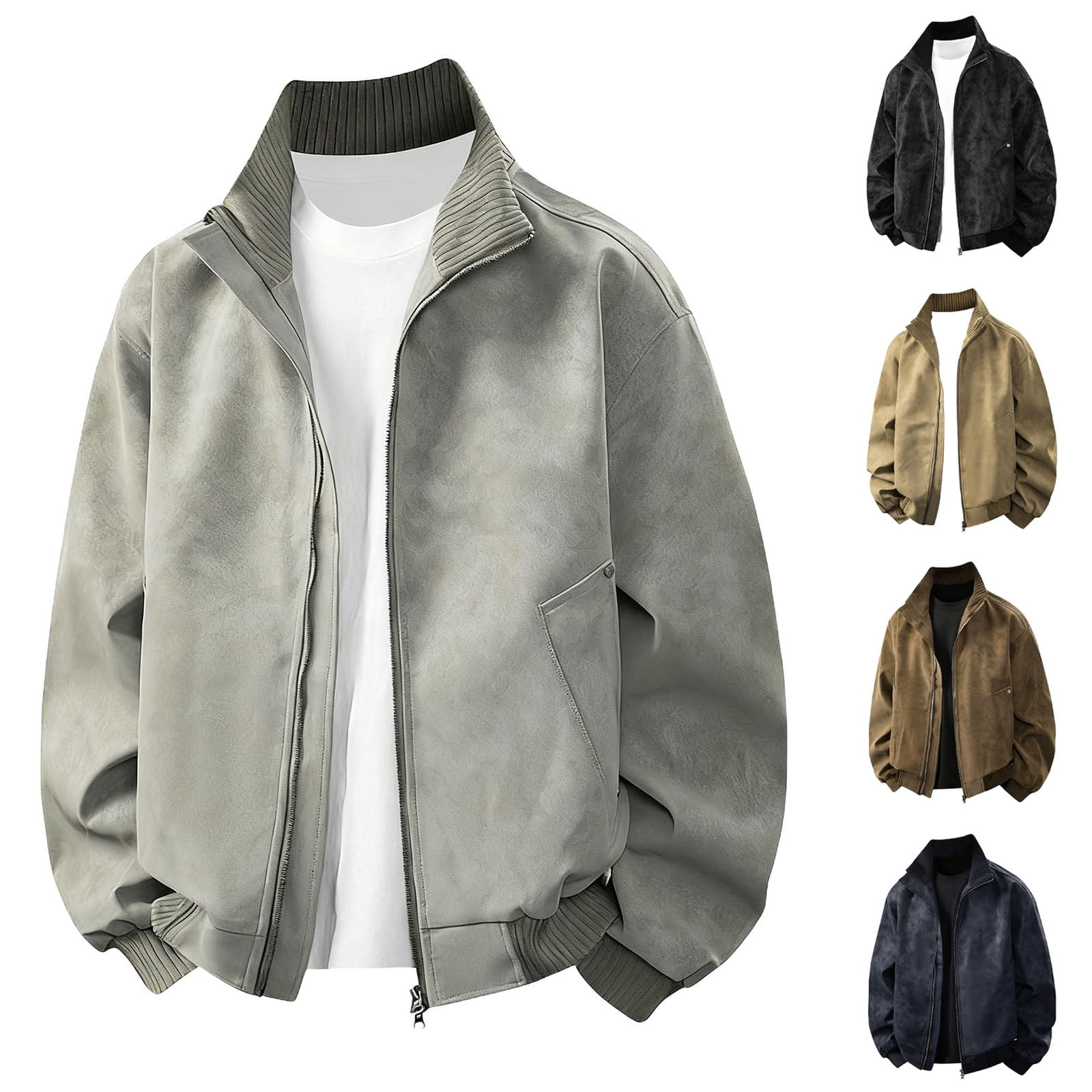 2 Pack Mens Leather Jackets with Pockets Long Sleeve Zip Up Mock Neck ...