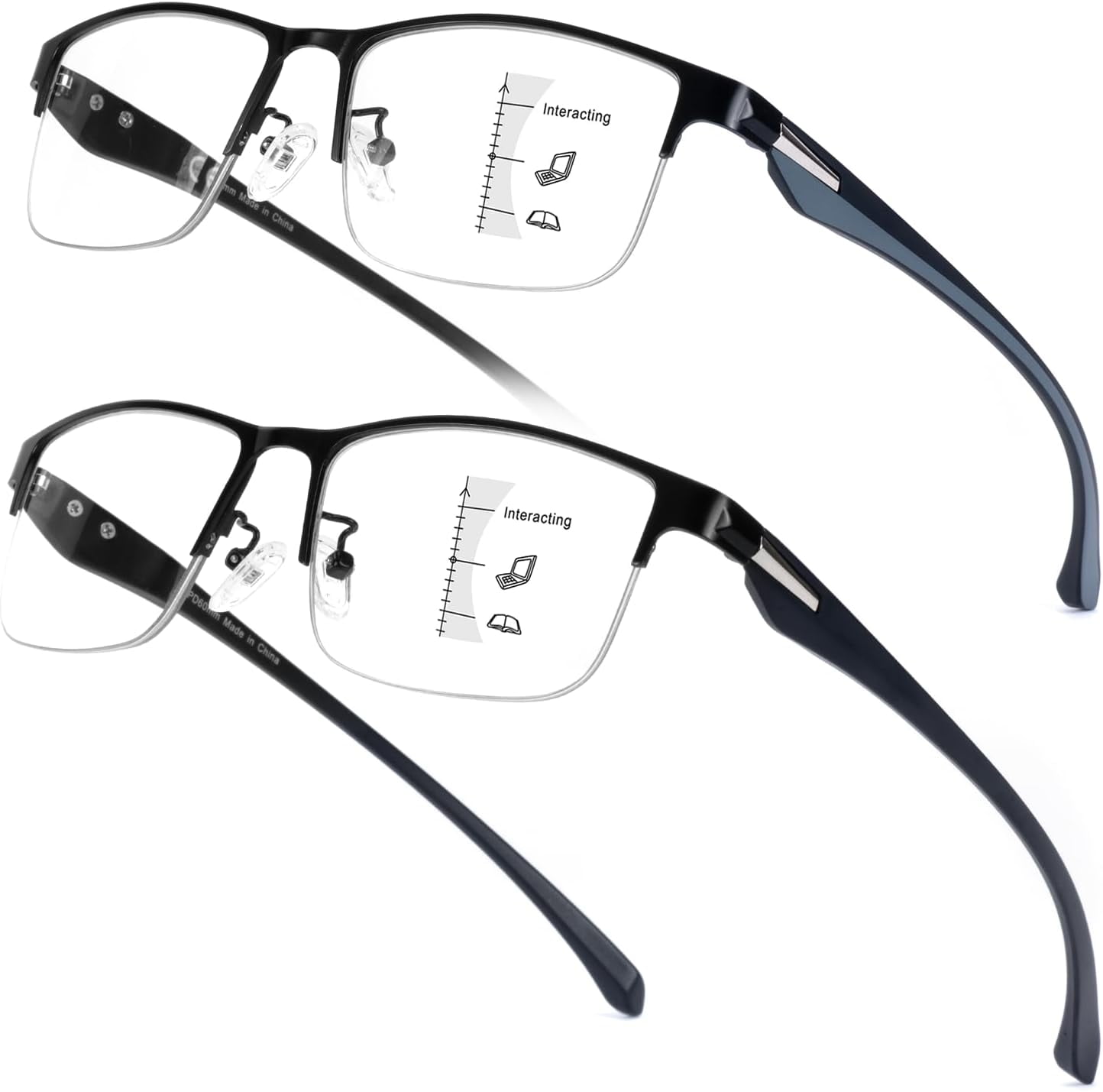2 Pack Mens Premium Progressive Multifocus Reading Glasses, TR90 Temples Blue Light Blocking ...