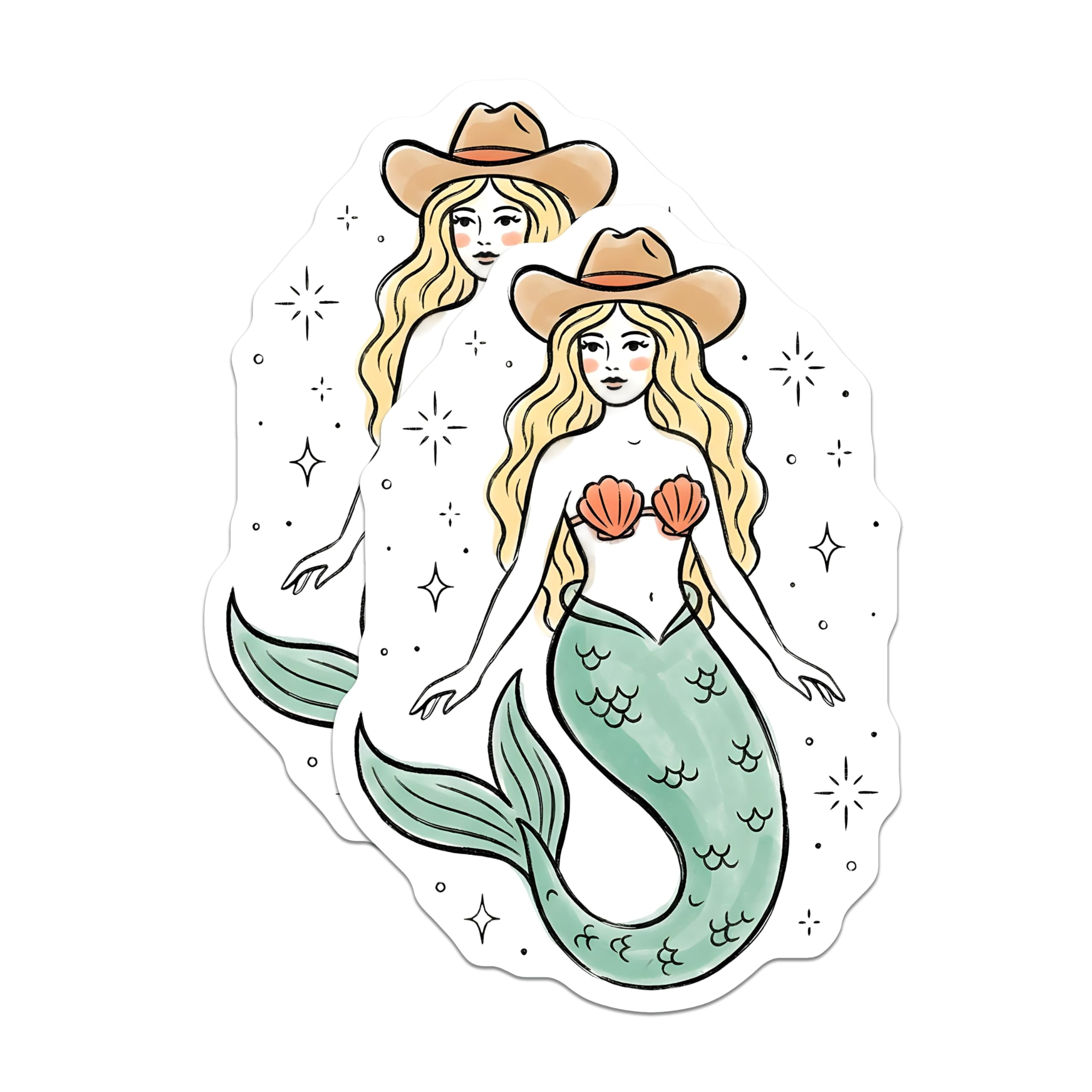 (2 Pack) Mermaid Cowgirl Stickers - Western Mermaid - Fantasy Art ...