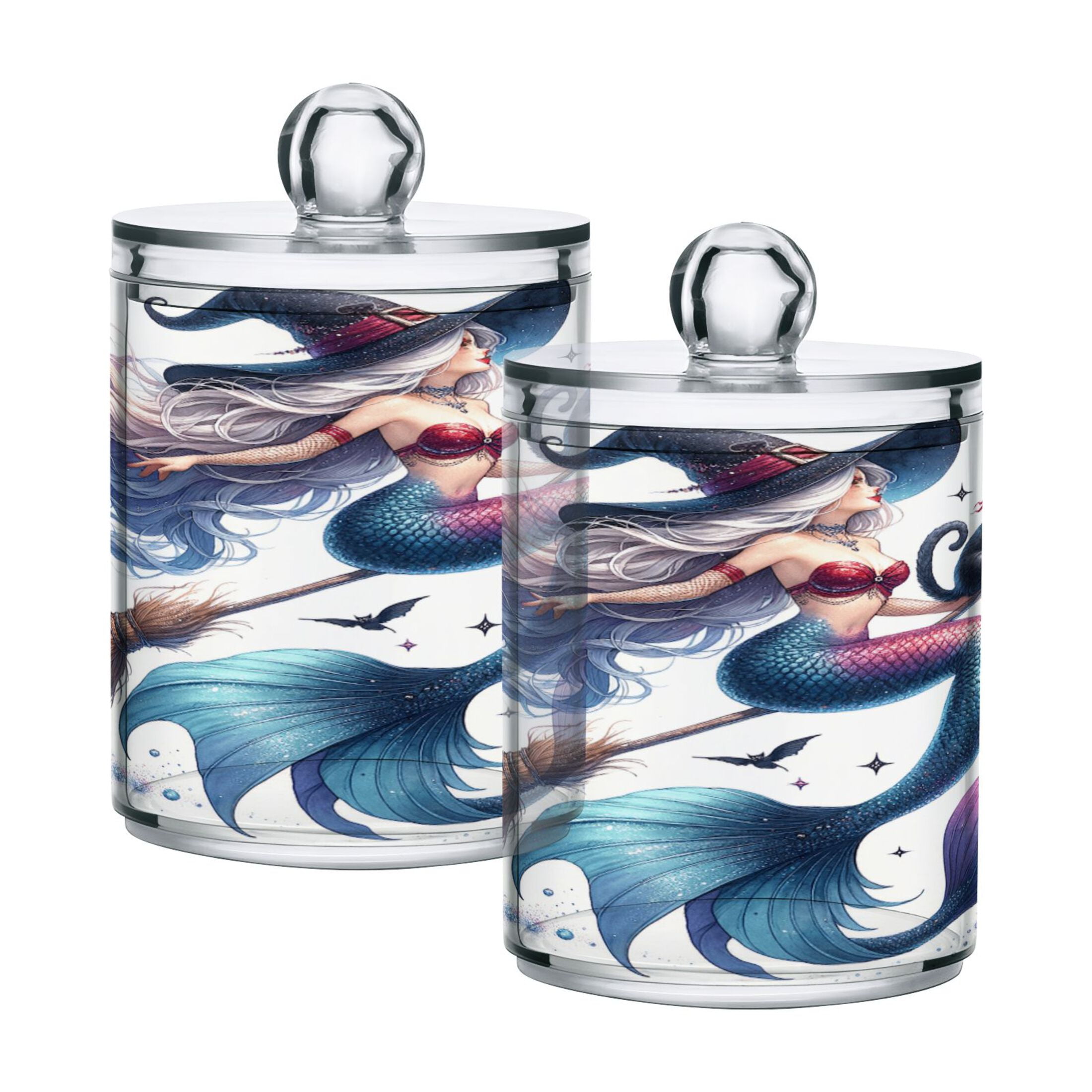2 Pack Mermaid Witch Flying on Broom Qtip Holder Dispenser Clear ...